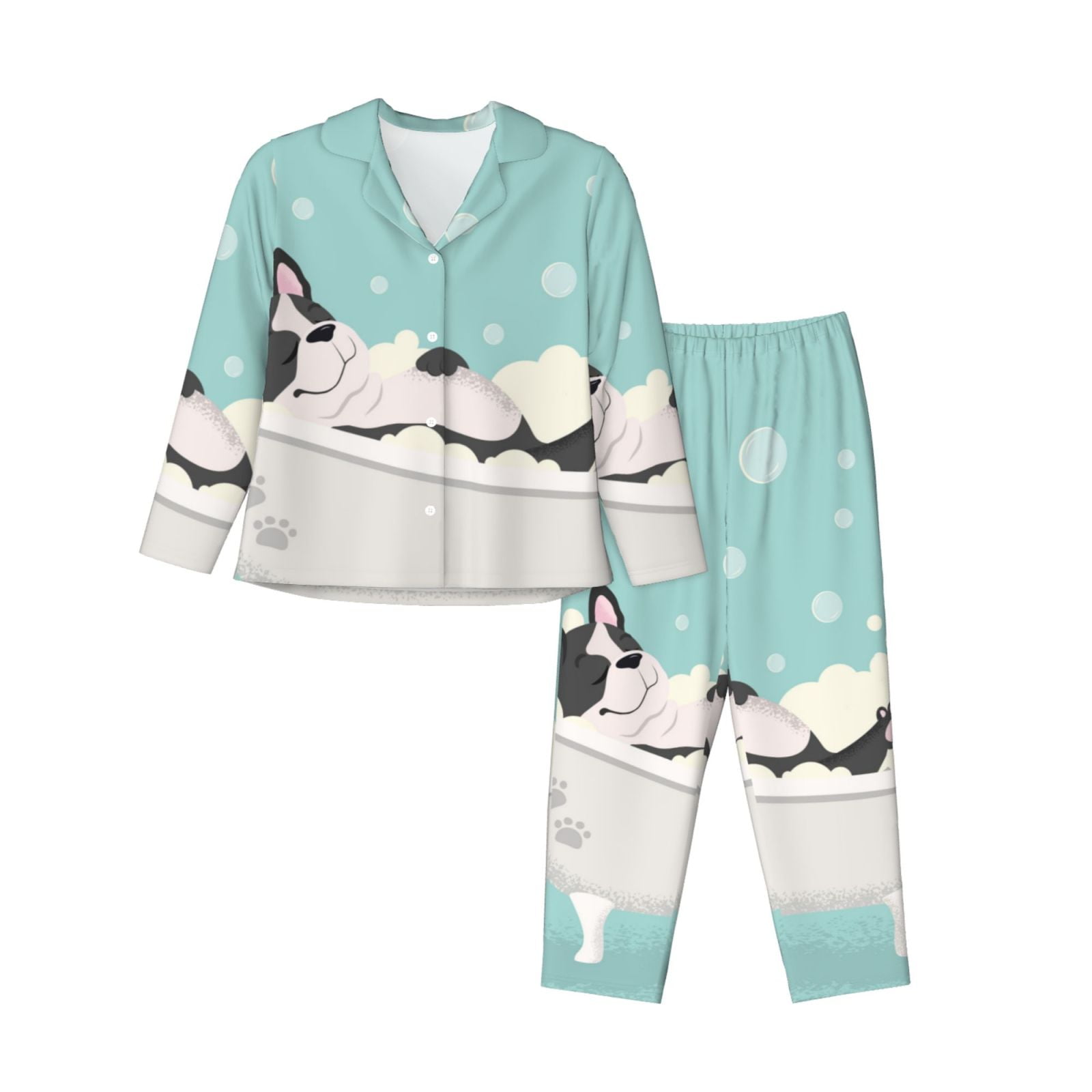 Fuzoiu French Bulldog Taking a Bath Print Women's Long-Sleeved Pajama ...