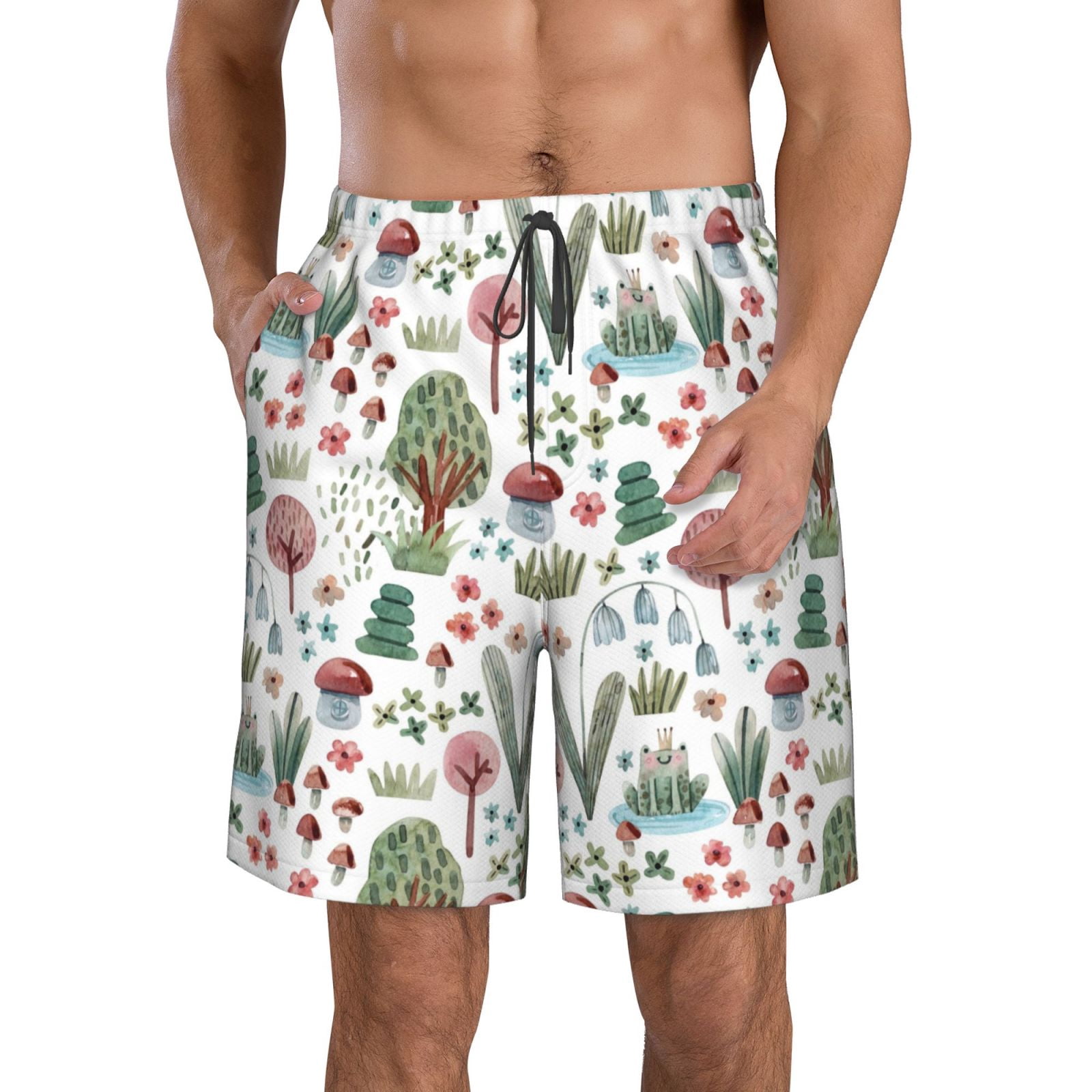 Fuzoiu Frog and Forest Plants Print Men's Beach Shorts,Men's Swim ...