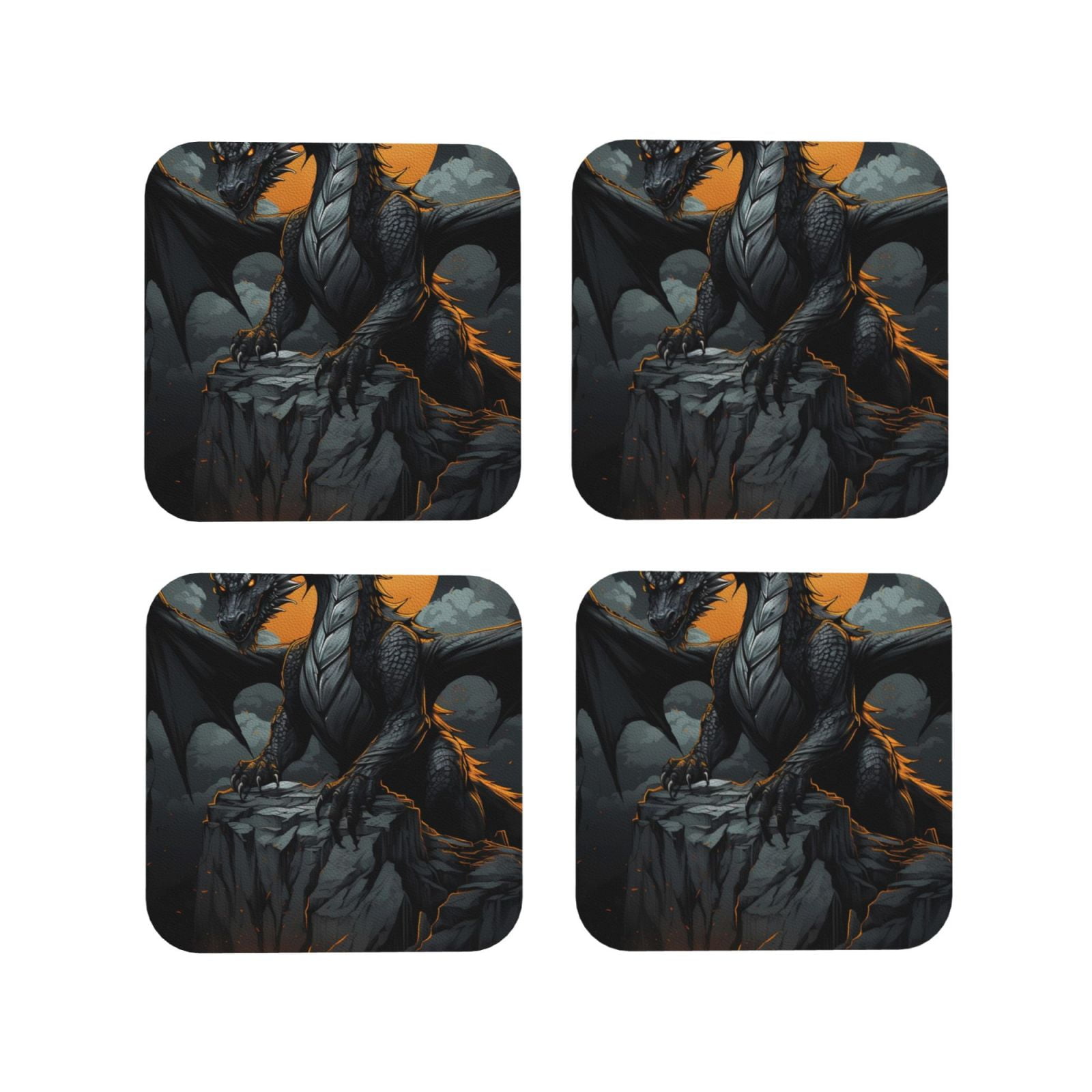 Fuzoiu Full Moon Black Dragon Print Leather Coasters Set,Drink Coasters ...