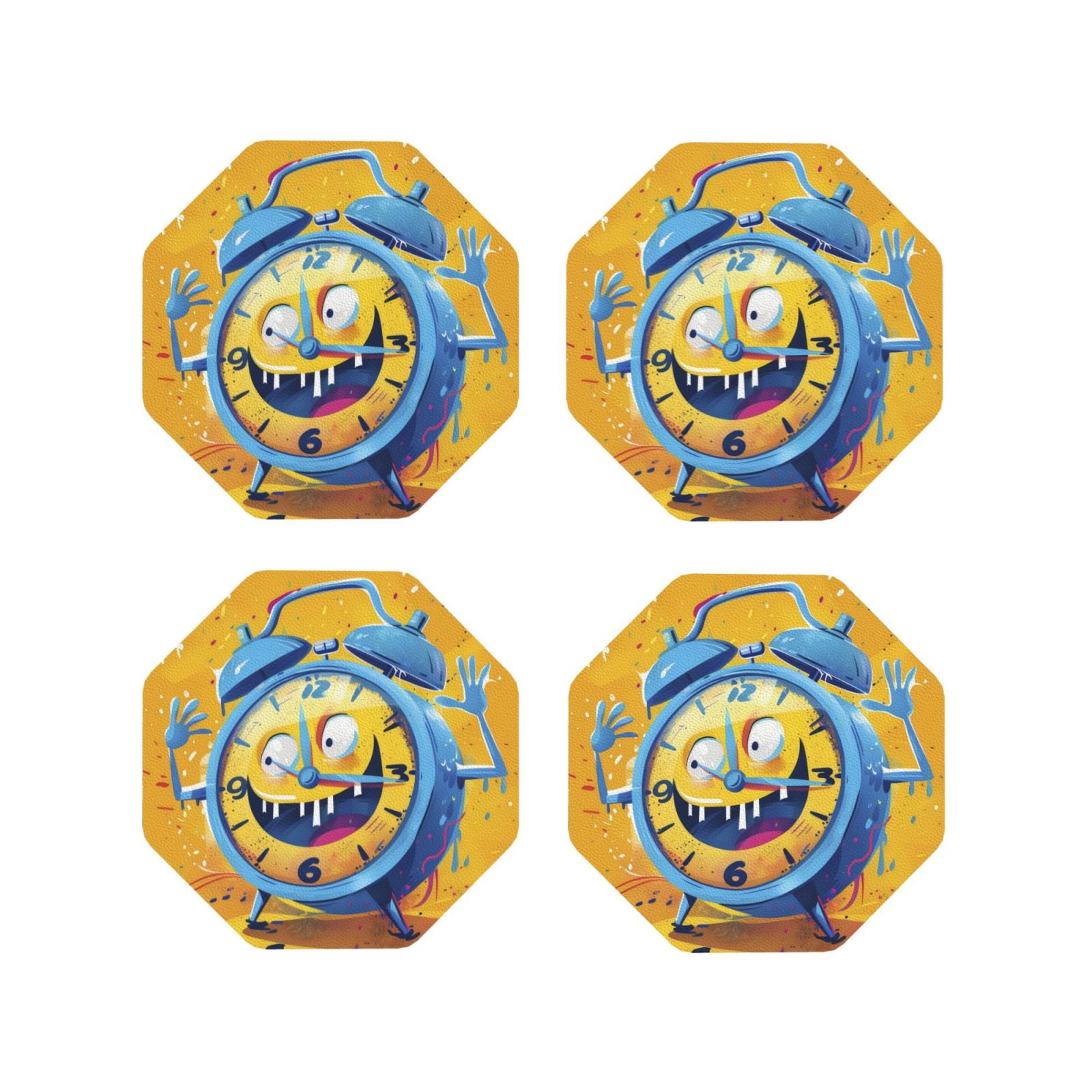 Fuzoiu Funny Alarm Clock Illustration Print Leather Coasters Set,Drink ...