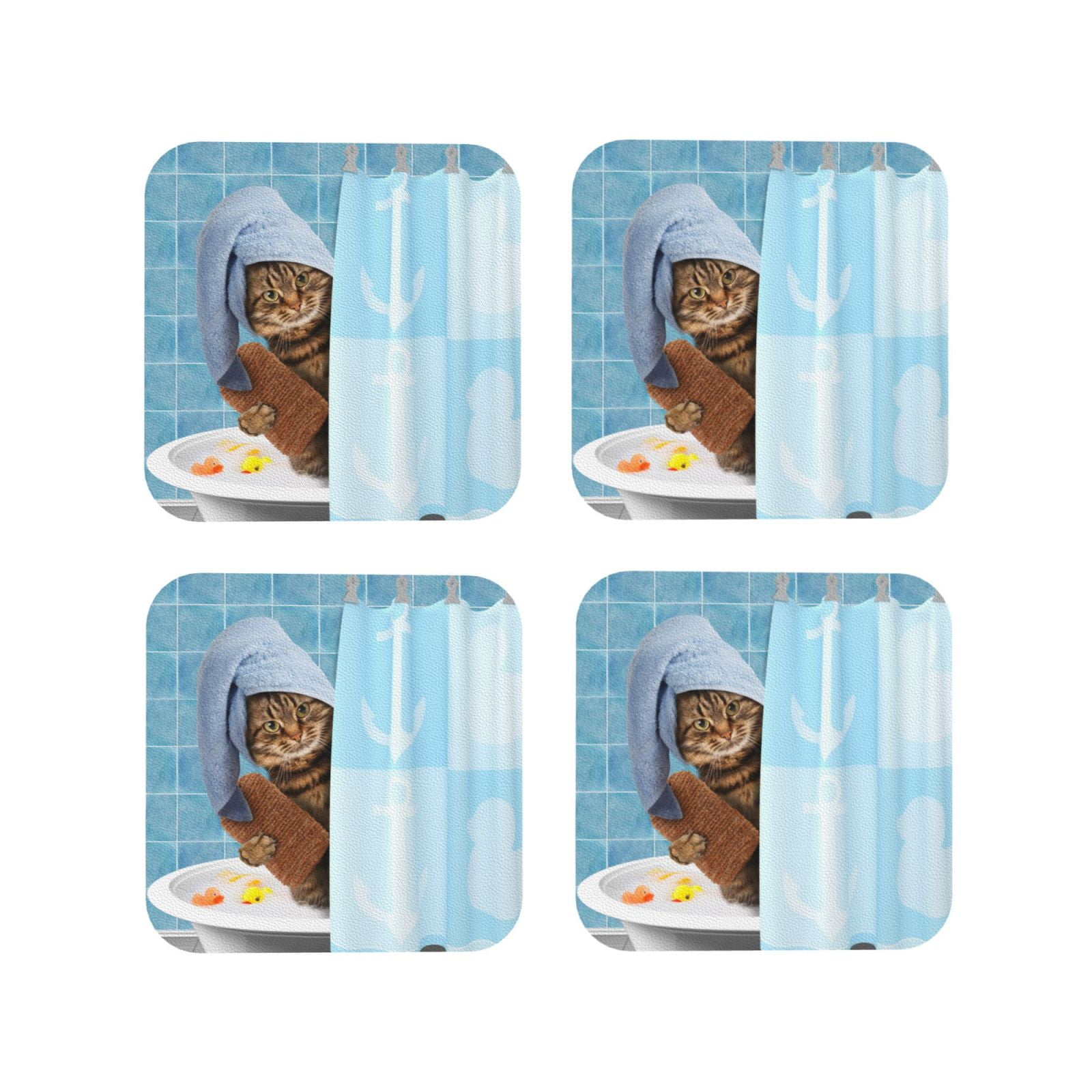 Fuzoiu Funny Cat Taking a Bath Print Leather Coasters Set,Drink ...