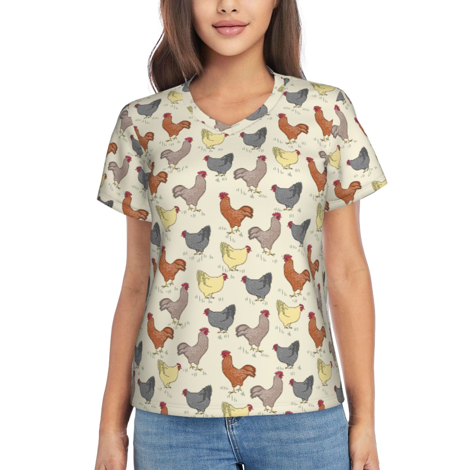 Fuzoiu Funny Chicken Print Women's Classic V-Neck T-Shirt, Short Sleeve ...