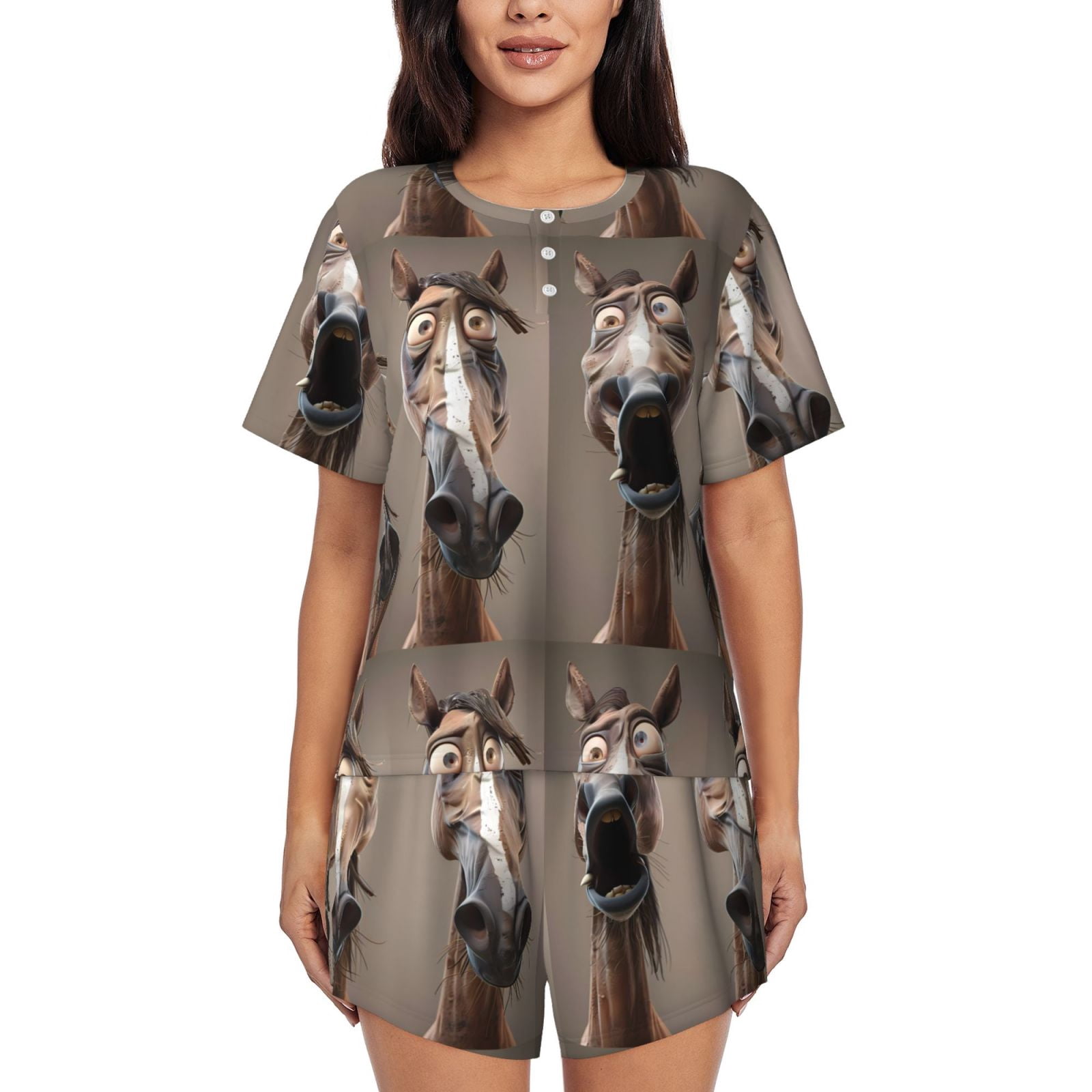 Fuzoiu Funny Horse Faces Expressions Print Women's Short-Sleeved Pajama ...