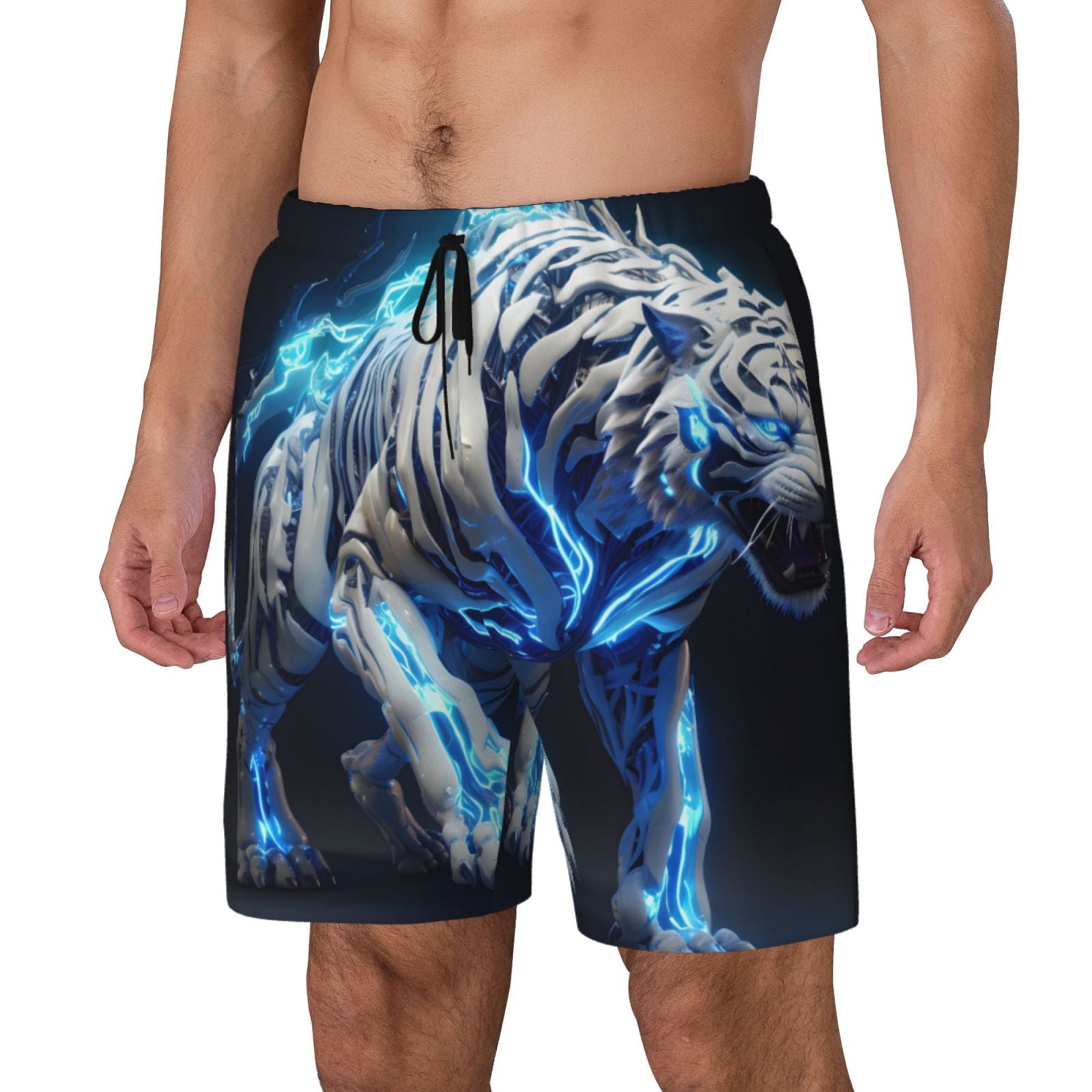 Fuzoiu Futuristic Blue Light White Tiger Print Men's Swim Shorts,Quick ...
