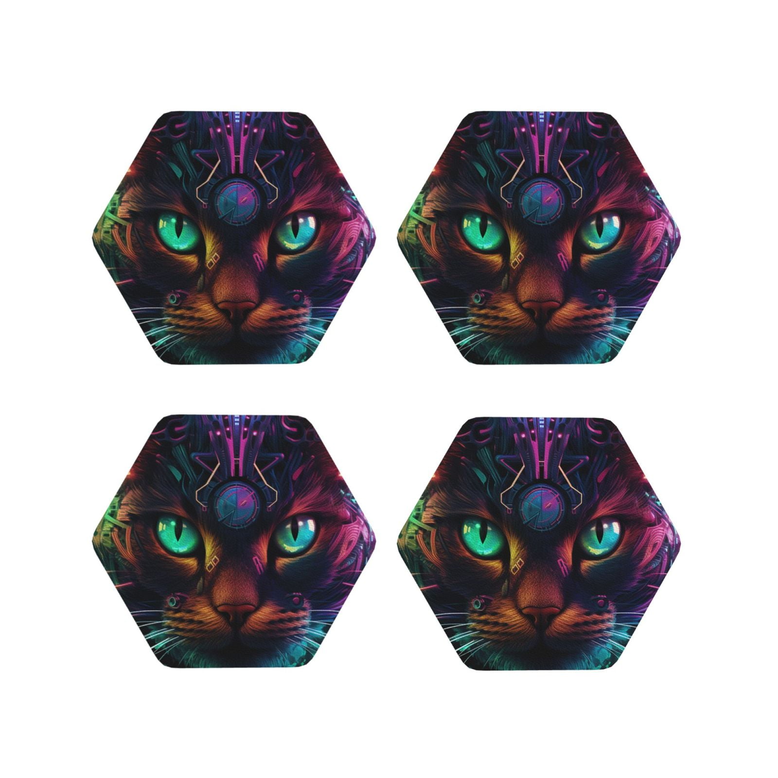Fuzoiu Futuristic Cat Warrior Print Leather Coasters Set,Drink Coasters ...