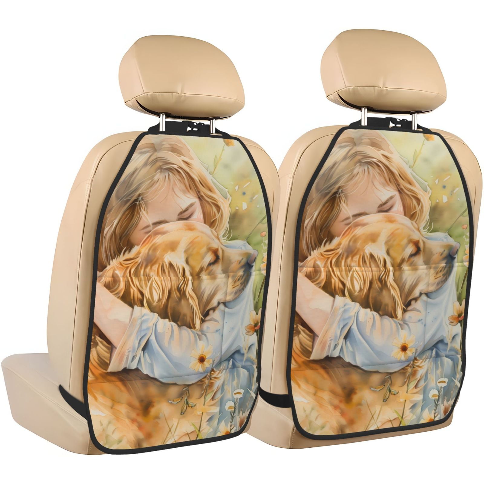 Fuzoiu Girl Hugging Dog Flowers Print 2 Pack Kick Mat Back Seat ...