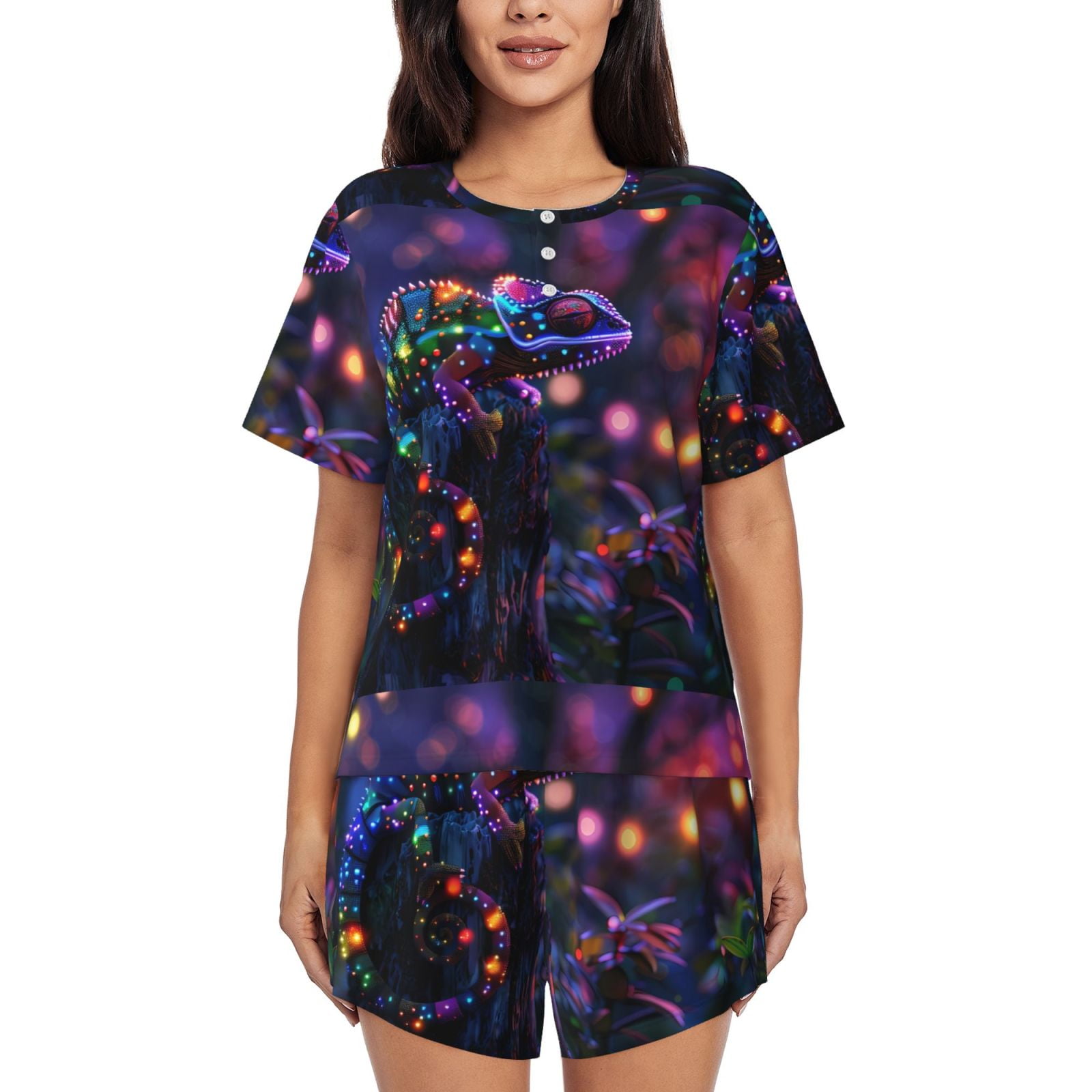Fuzoiu Glowing Chameleon Fantasy Art Print Women's Short-Sleeved Pajama ...