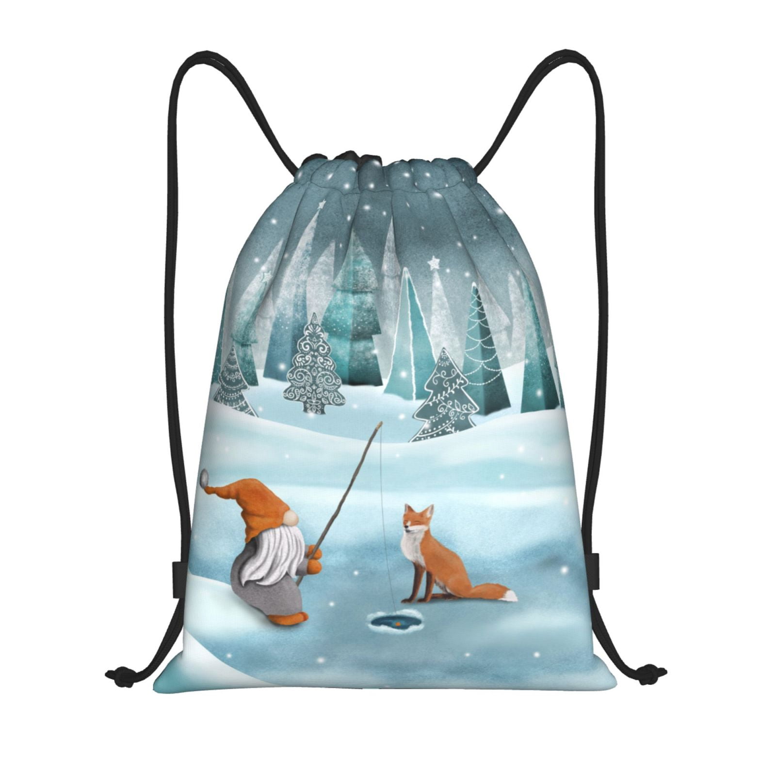 Fuzoiu Gnome And Red Fox Fishing Print Drawstring Backpack for Gym ...