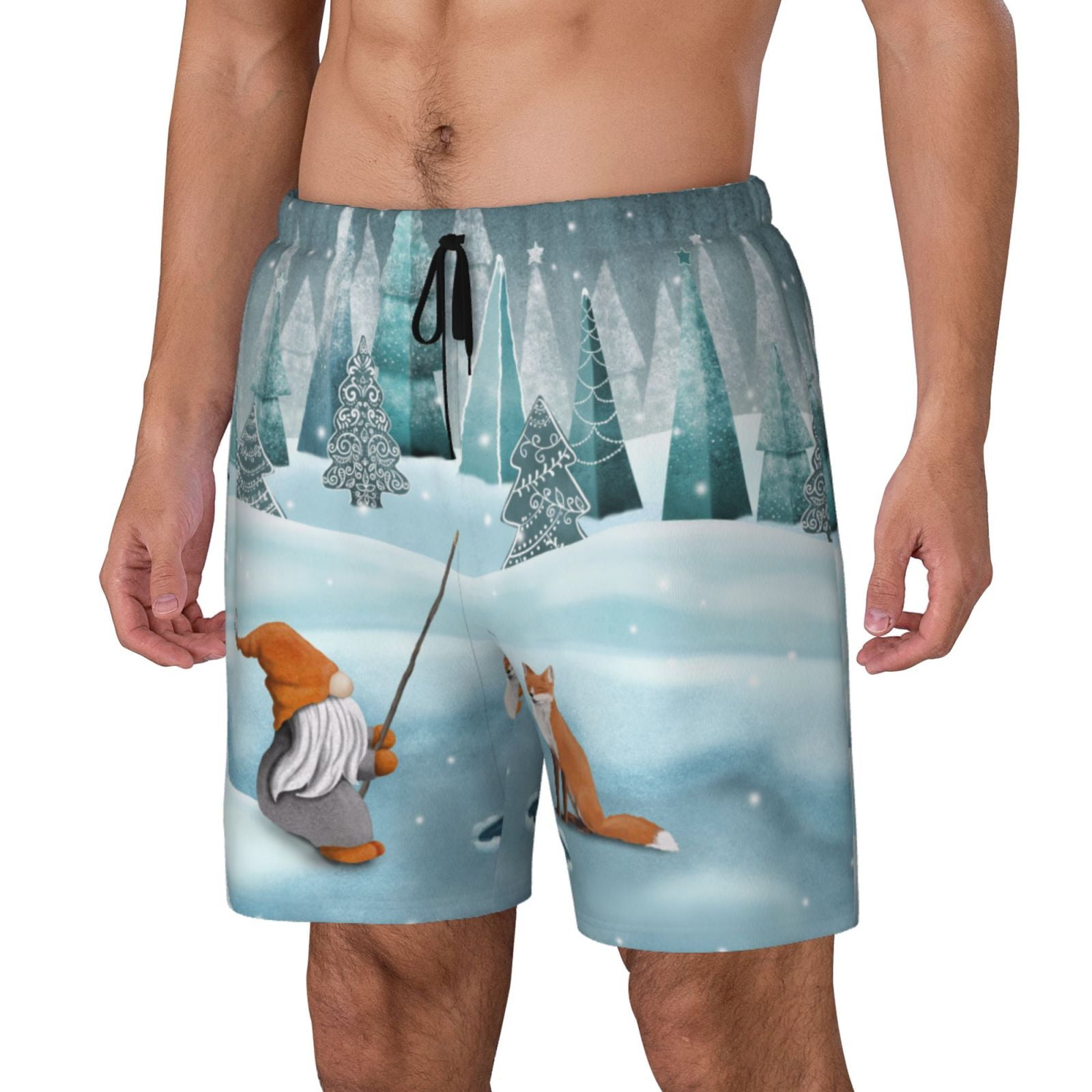Fuzoiu Gnome And Red Fox Fishing Print Men's Swim Shorts,Quick-Dry ...