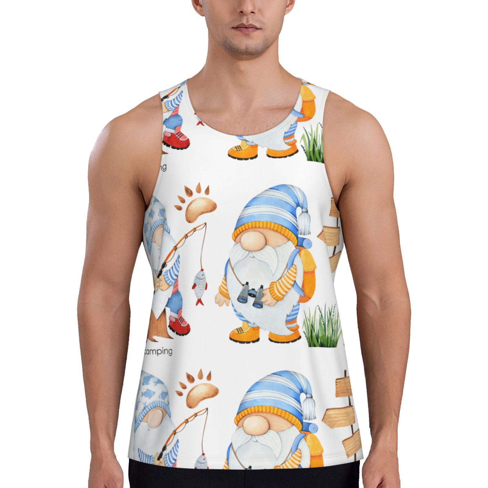 Fuzoiu Gnome Camping Fishing Print Men's Workout Tank Tops,Sleeveless ...