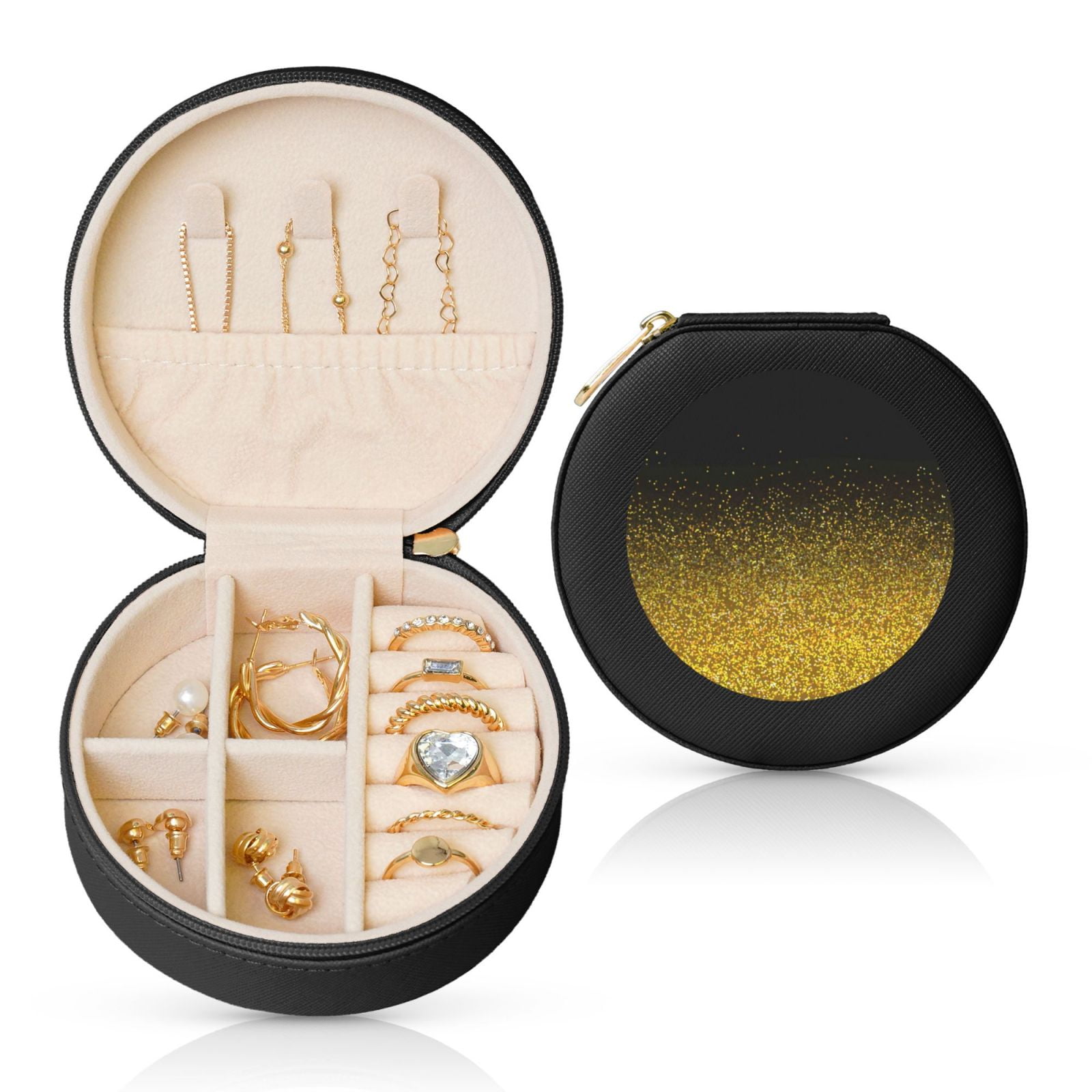Fuzoiu Gold Glitter Gradient Print Portable Jewelry Box,Round Mini ...