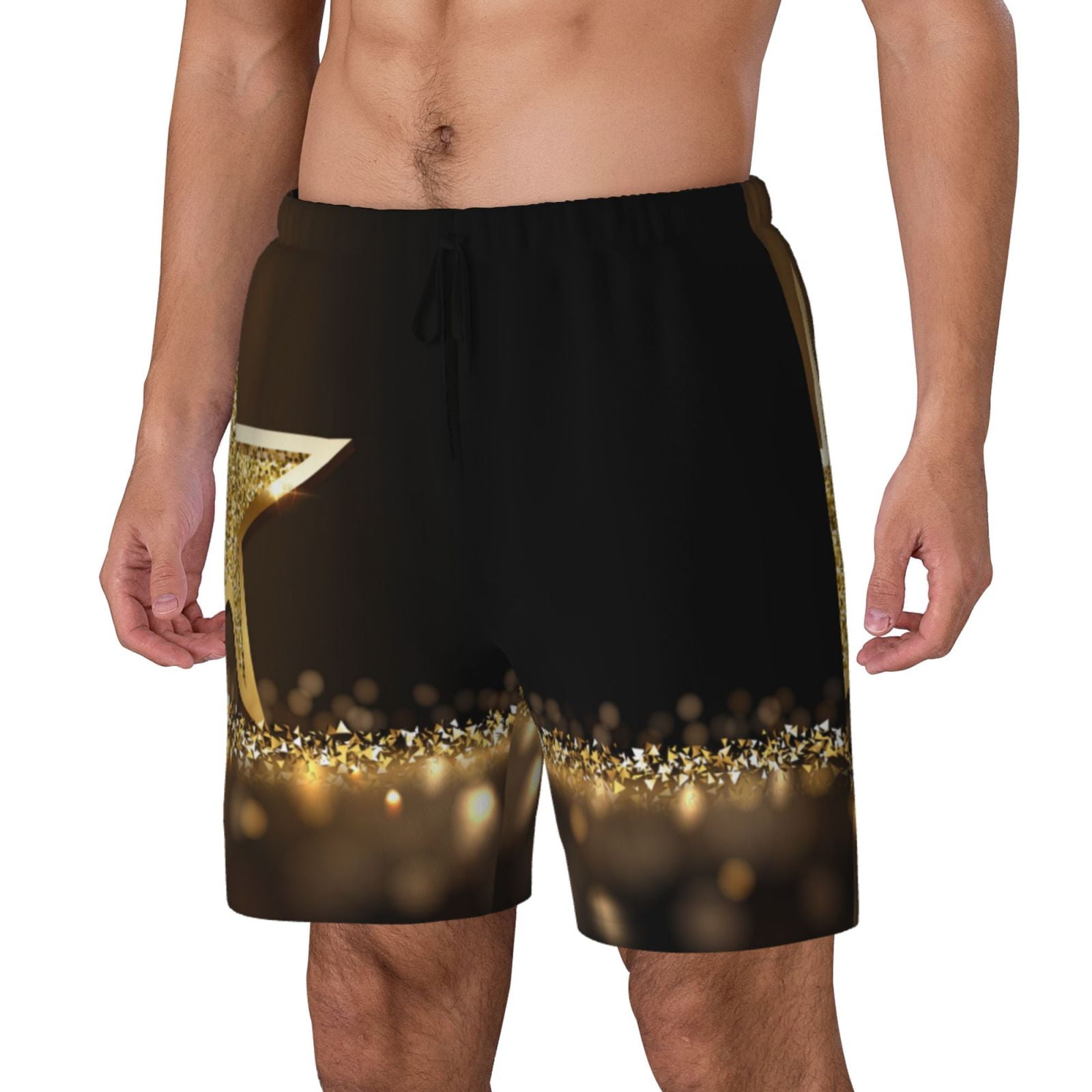 Fuzoiu Gold Glittering Stars Print Men's Swim Shorts,Quick-Dry Double ...