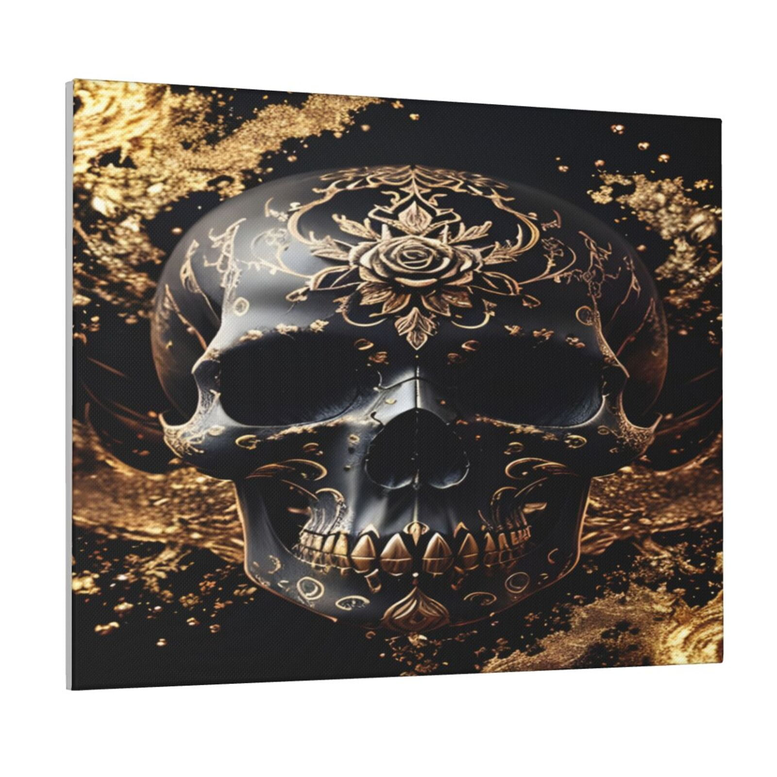Fuzoiu Gold Pattern Black Skull Print Canvas Wall Art for Bathrooms ...