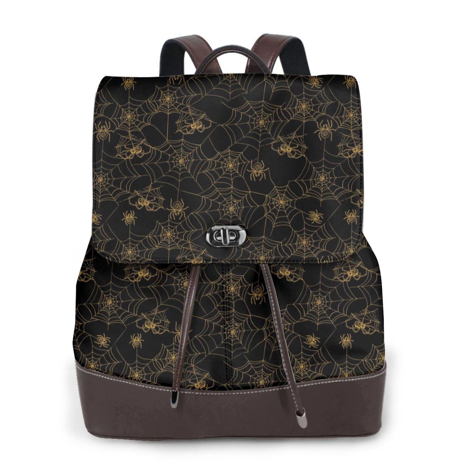 Fuzoiu Gold Spiders And Cobwebs Print Women's Leather Backpack,Backpack ...