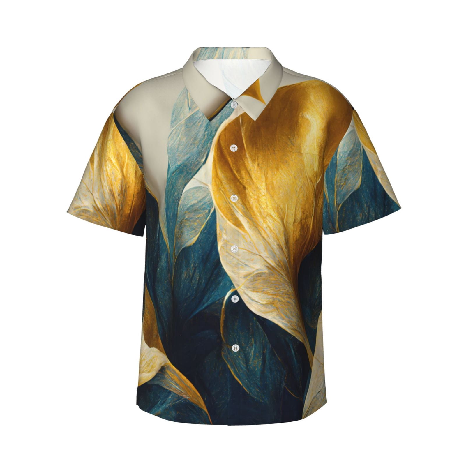 Fuzoiu Golden Blue Leaf Design Print Hawaiian Shirt for Men, Summer ...