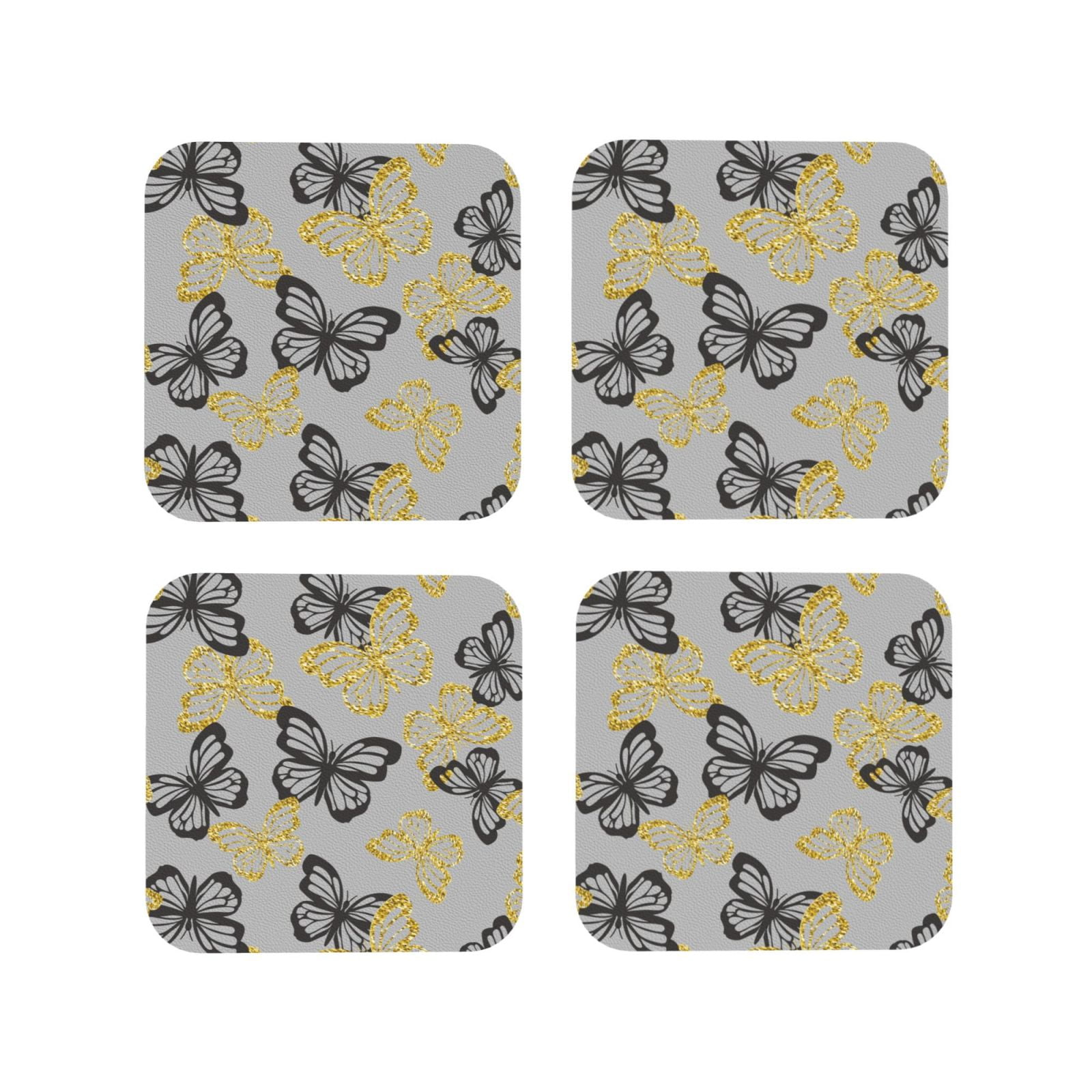 Fuzoiu Golden Glitter Butterflies Print Leather Coasters Set,Drink ...
