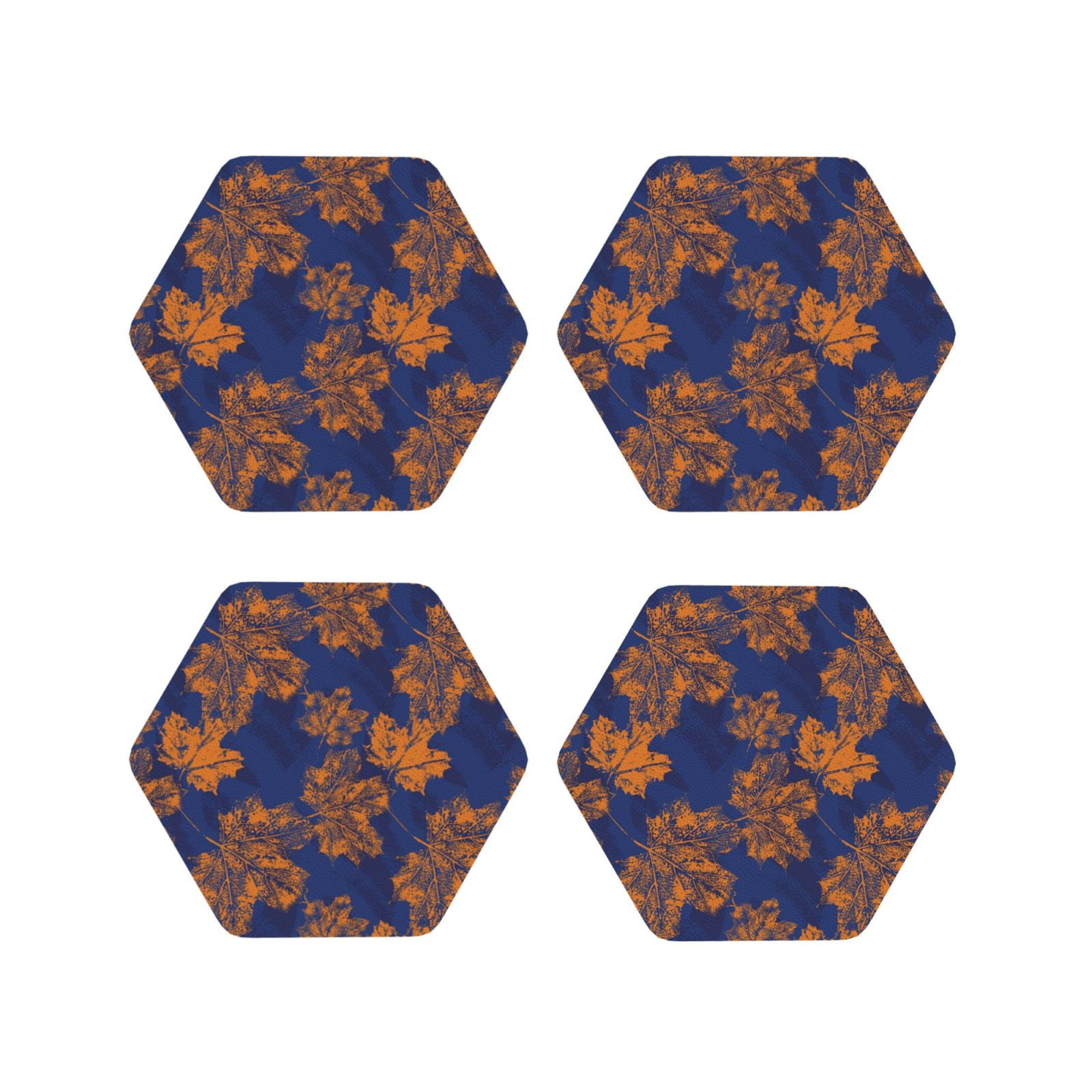 Fuzoiu Golden Maple on Navy Blue Print Leather Coasters Set,Drink ...
