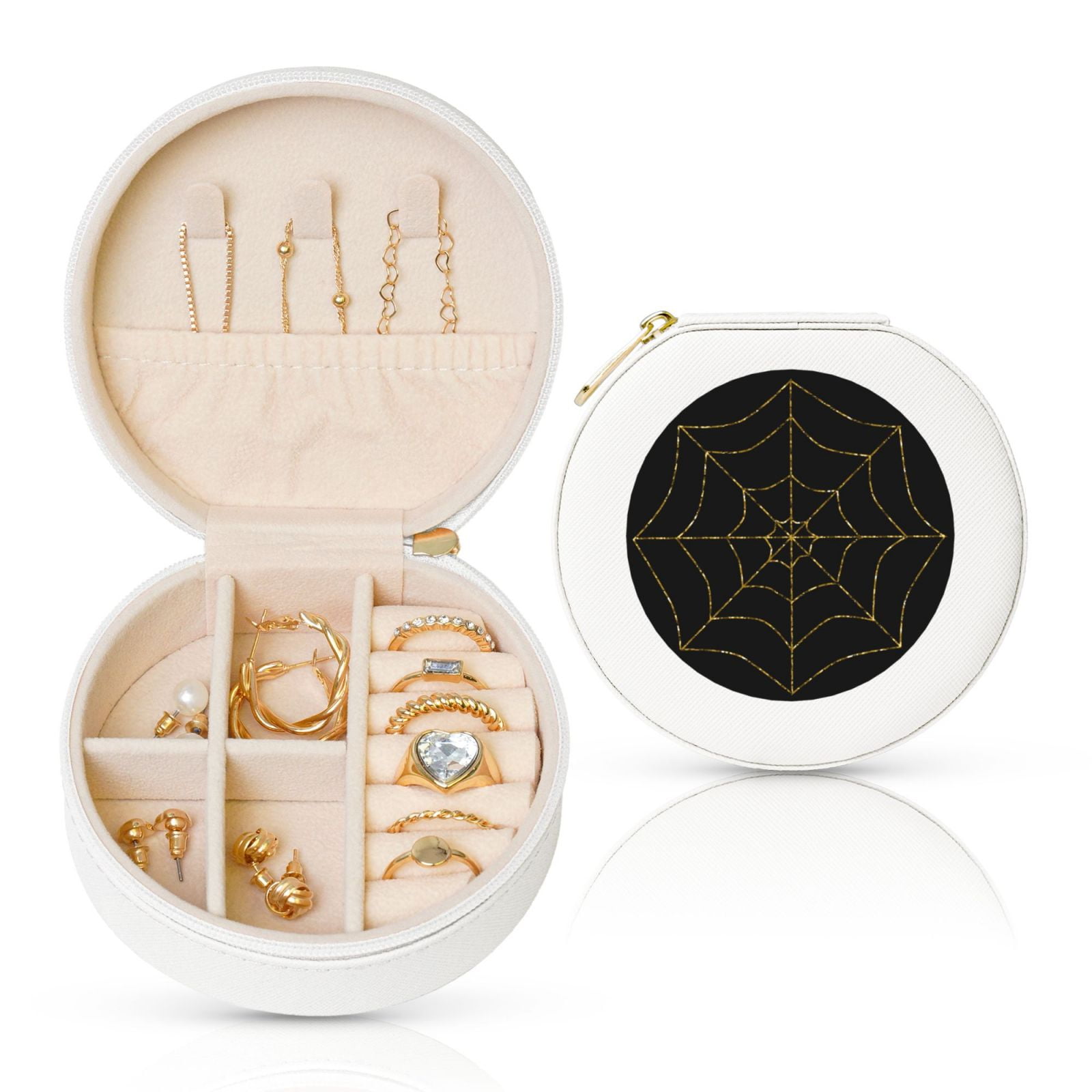 Fuzoiu Golden Spider Web Print Portable Jewelry Box,Round Mini Leather ...