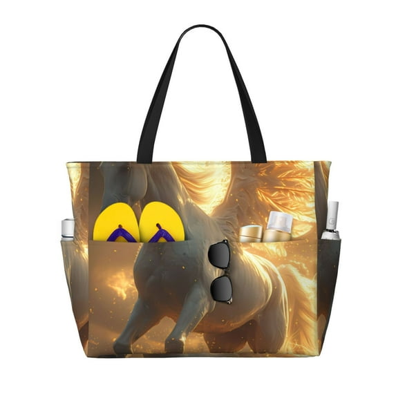 Fuzoiu Golden Winged White Horse Print Waterproof Beach Tote Bag for ...