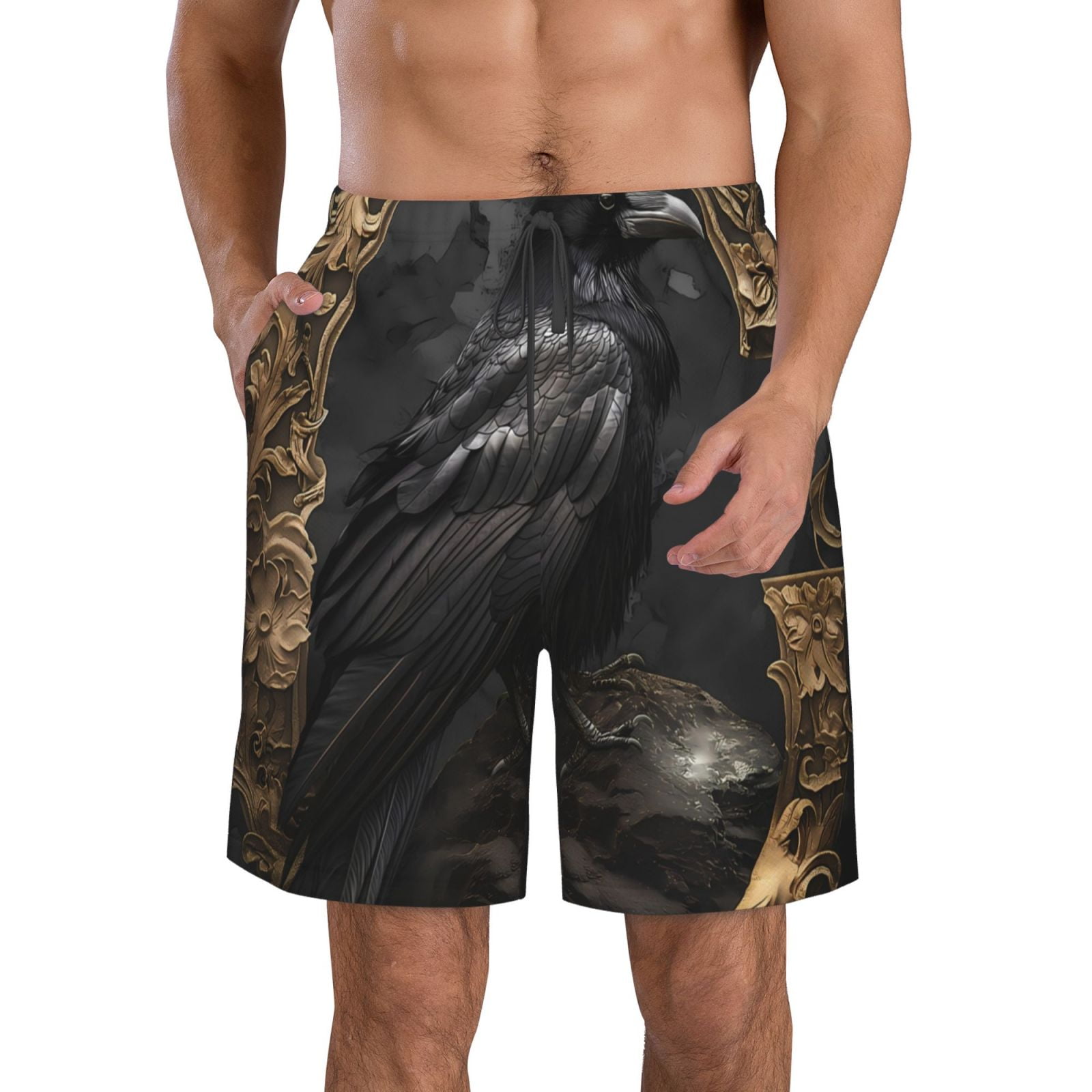 Fuzoiu Gothic Raven Portrait Print Men's Beach Shorts,Men's Swim Trunks ...