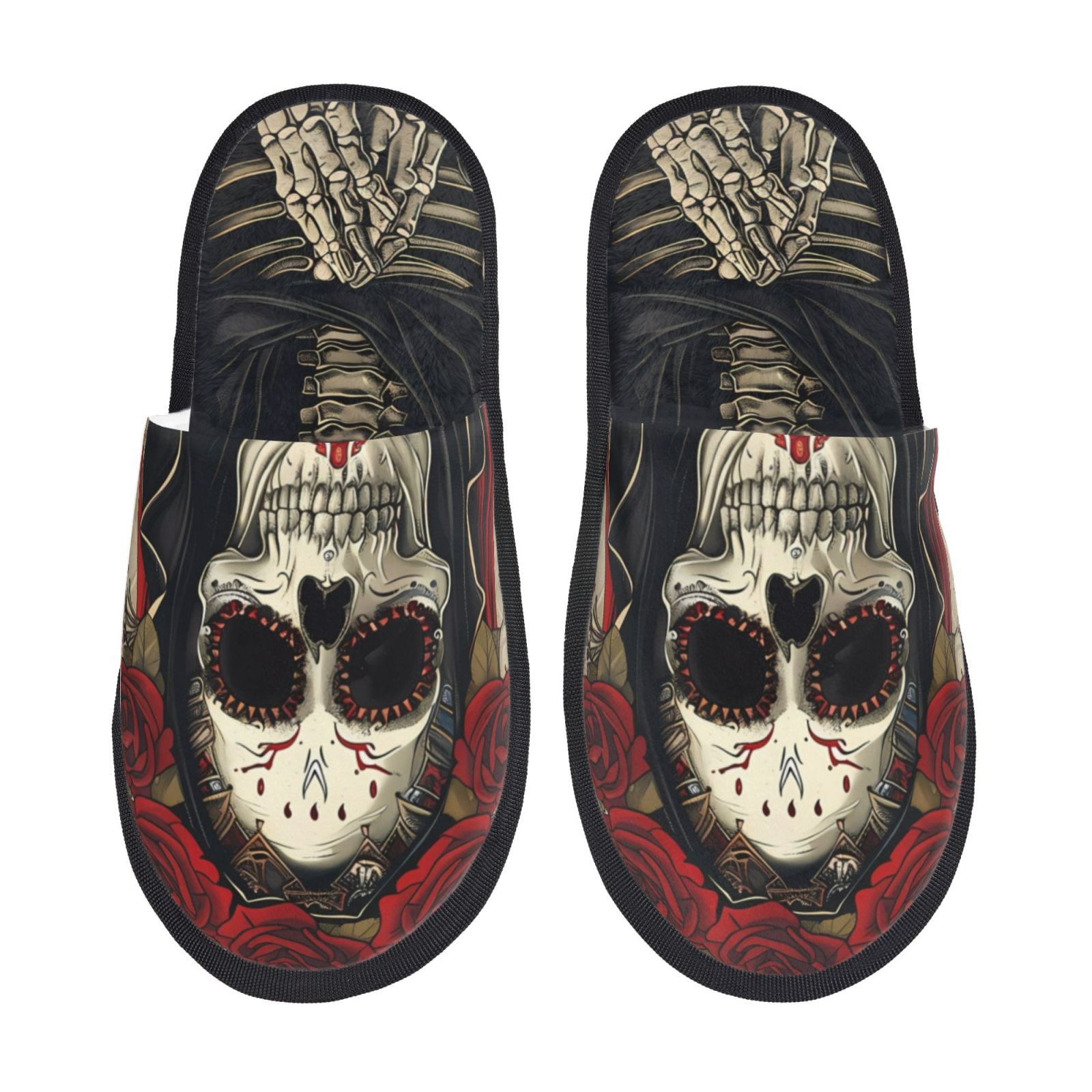 Fuzoiu Gothic Skull With Roses Print Unisex Furry Slippers,Plush Indoor ...