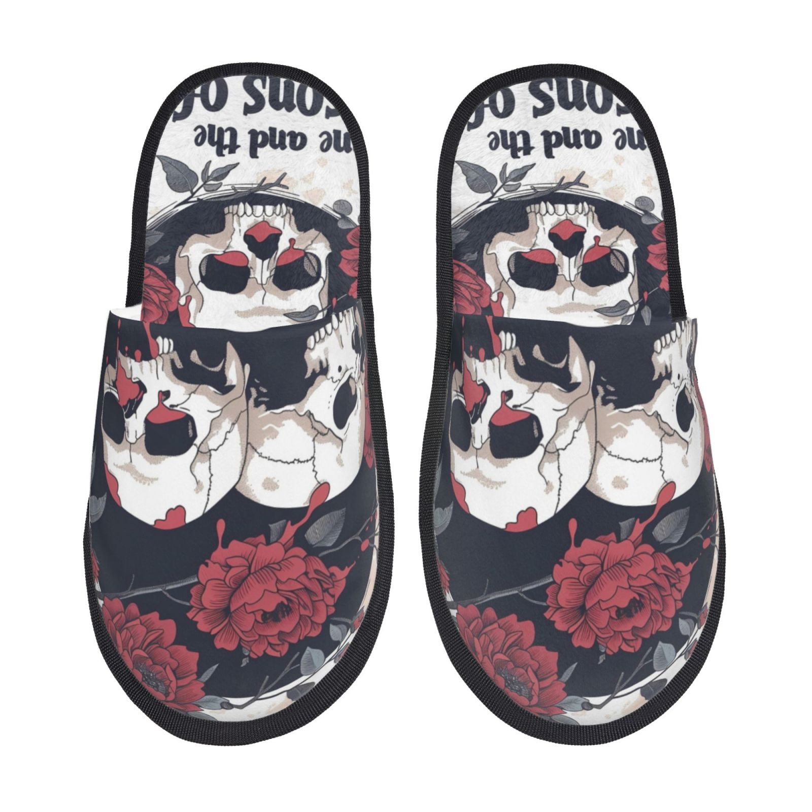Fuzoiu Gothic Skulls And Roses Print Unisex Furry Slippers,Plush Indoor ...