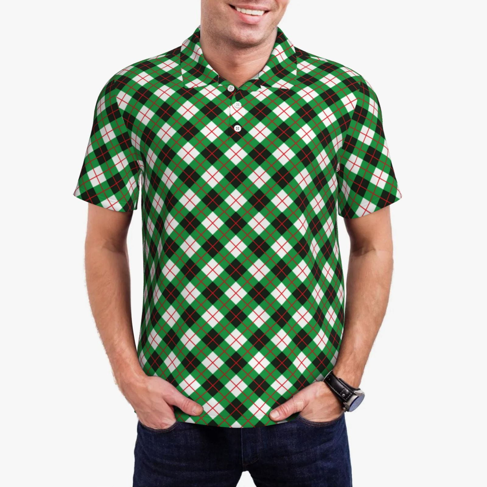 Fuzoiu Green Argyle Plaid Print Men's Polo Shirts Short Sleeve,Golf ...