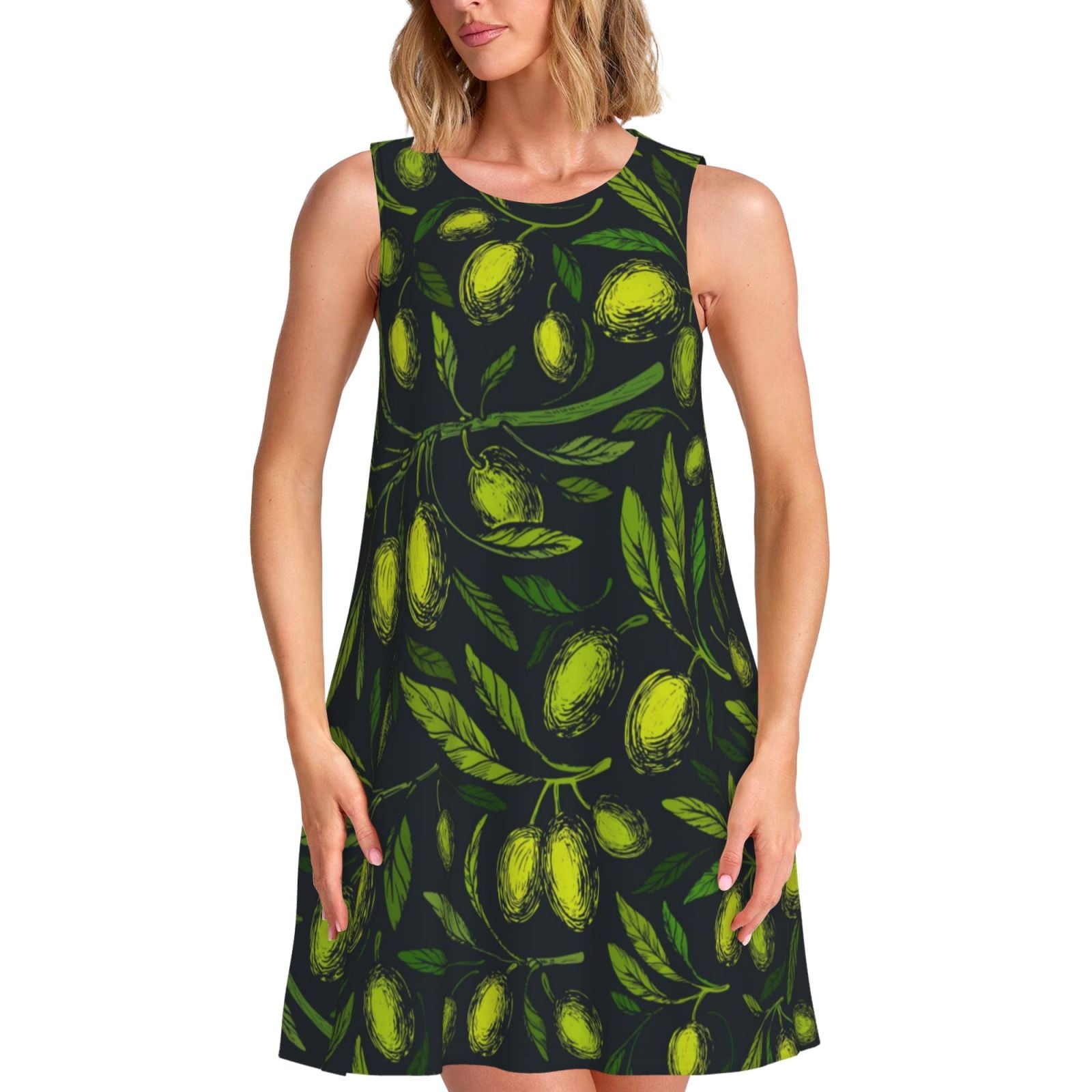 Fuzoiu Green Branch Olive Print Women's Sleeveless Dress,Summer Dresses ...