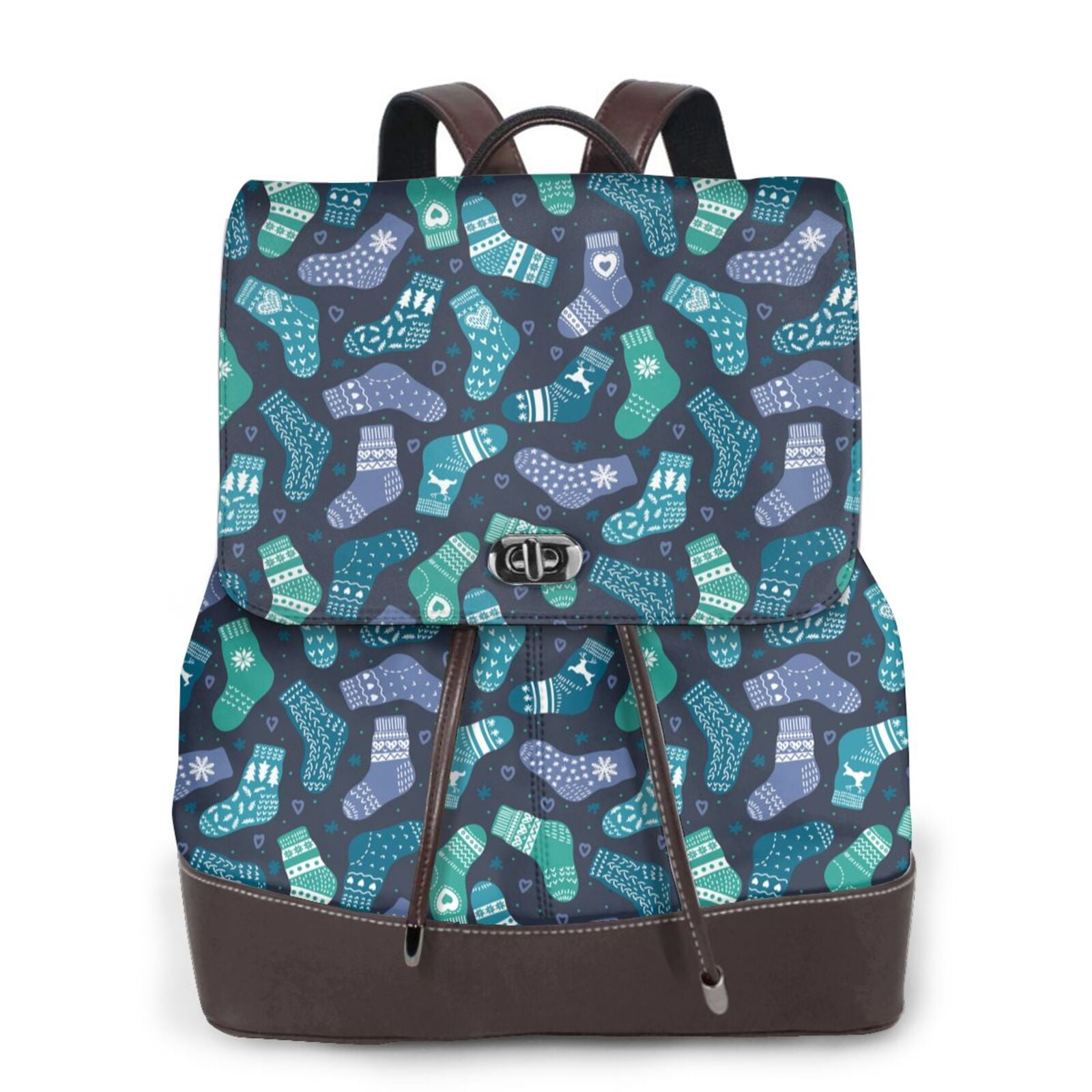 Fuzoiu Green Christmas Print Socks Print Women's Leather Backpack ...