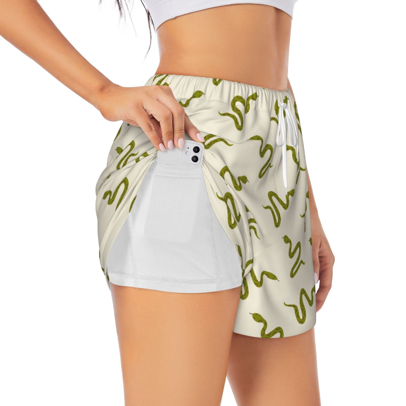 Fuzoiu Green Snake Print Women's Athletic Shorts, Double-Layer Running ...