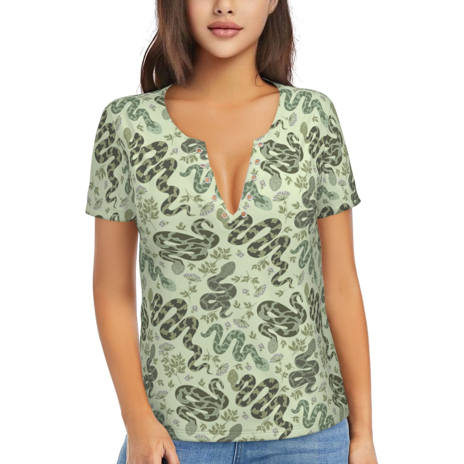Fuzoiu Green Snake Print Women's V-Neck T-Shirt,Women's Short Sleeve ...
