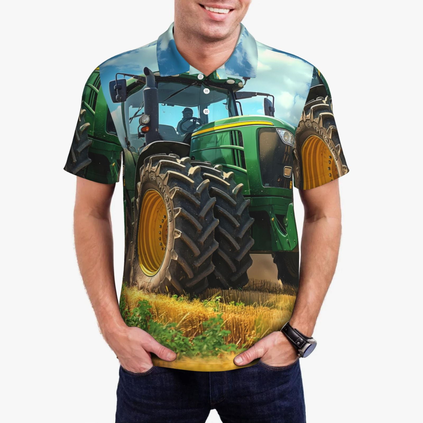 Fuzoiu Green Tractor Field Print Men's Polo Shirts Short Sleeve,Golf ...