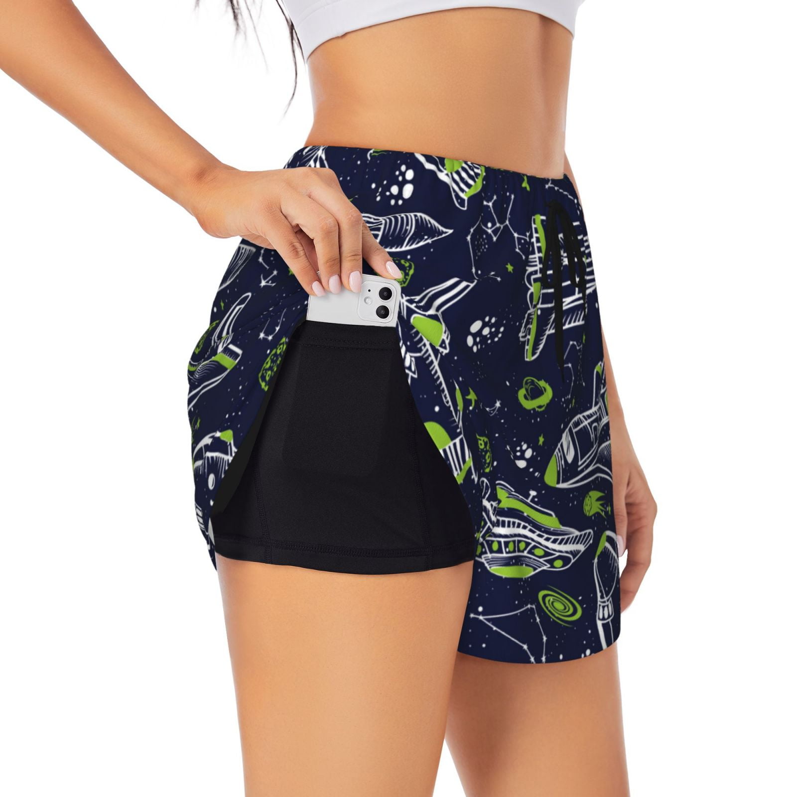Fuzoiu Hand Drawn Rockets Print Women's Athletic Shorts, Double-Layer ...