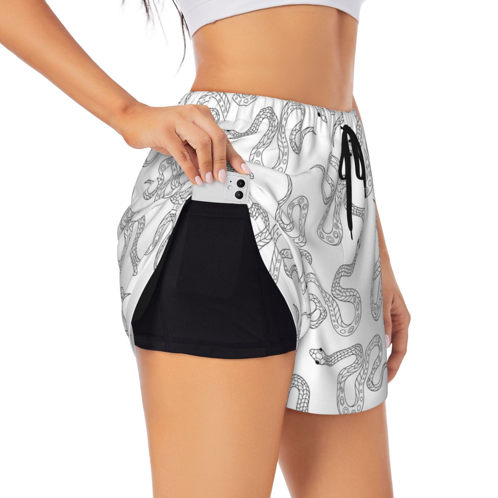 Fuzoiu Hand Drawn Snake Print Women's Athletic Shorts, Double-Layer ...