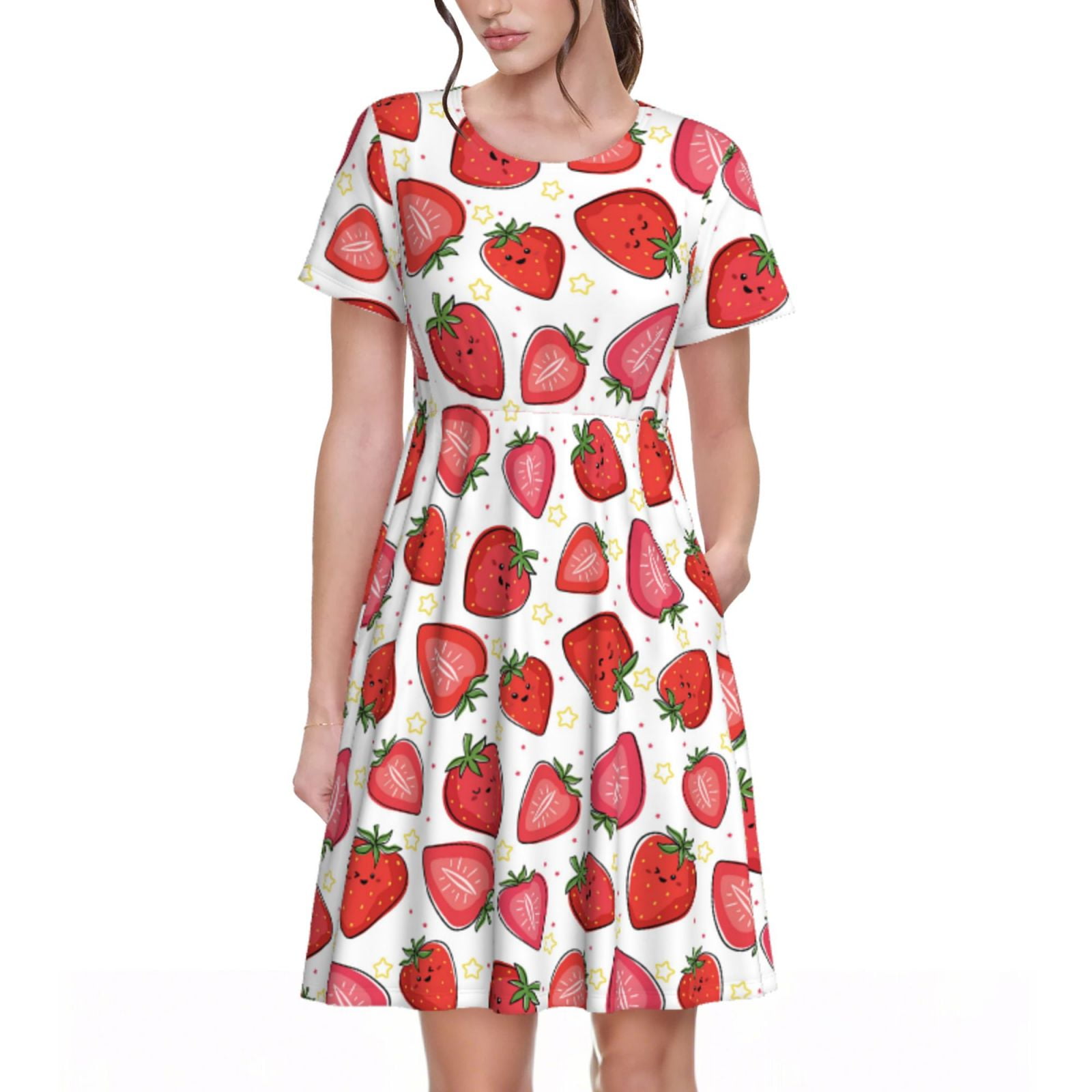 Fuzoiu Hand Drawn Strawberry Print Womens Summer Trendy Short Sleeve ...