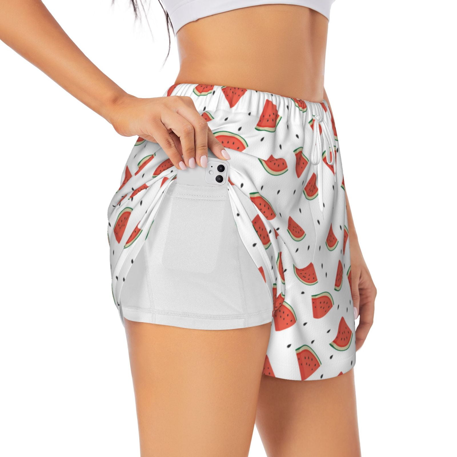 Fuzoiu Hand Drawn Watermelon Print Women's Athletic Shorts, Double ...
