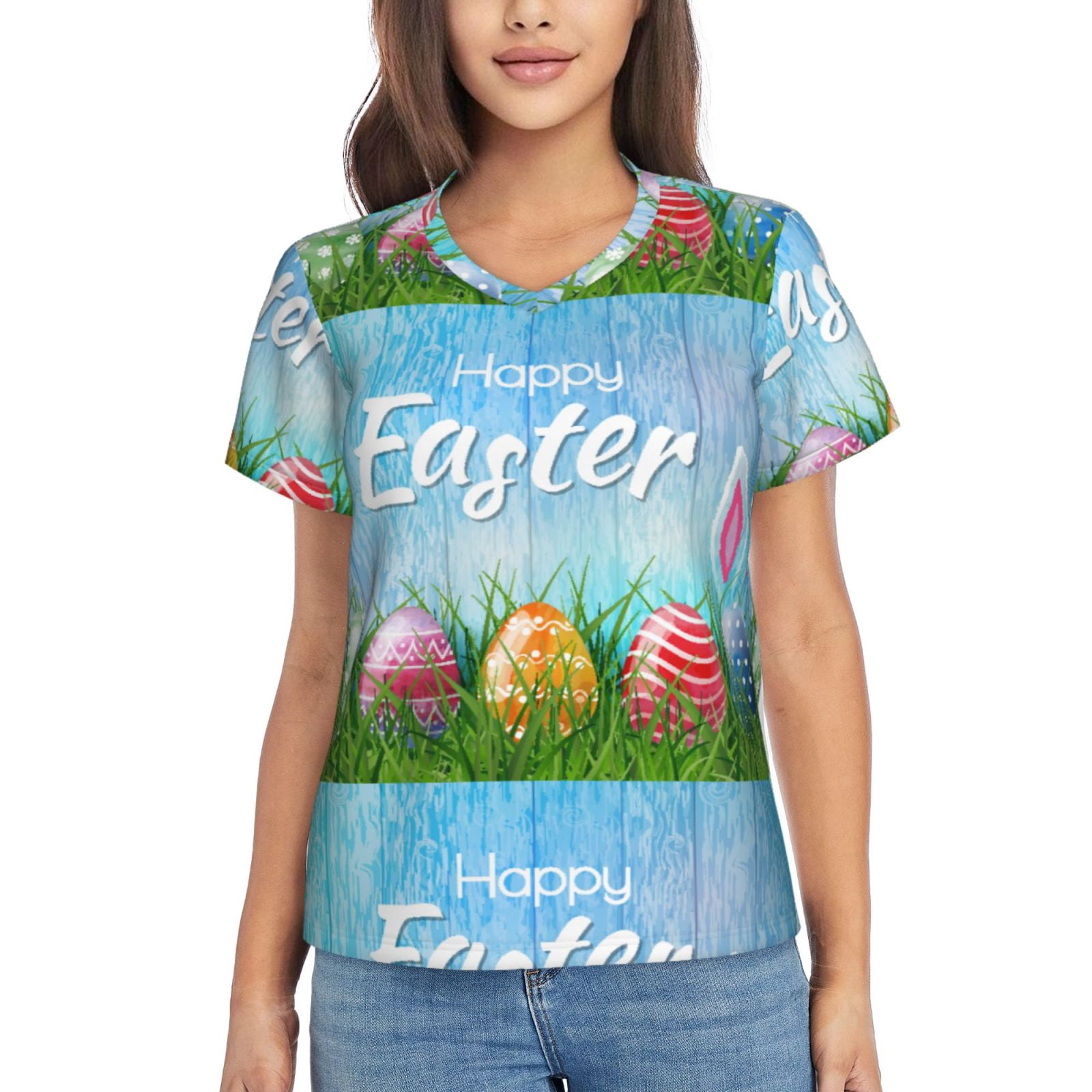 Fuzoiu Happy Easter Print Women's Classic V-Neck T-Shirt, Short Sleeve ...