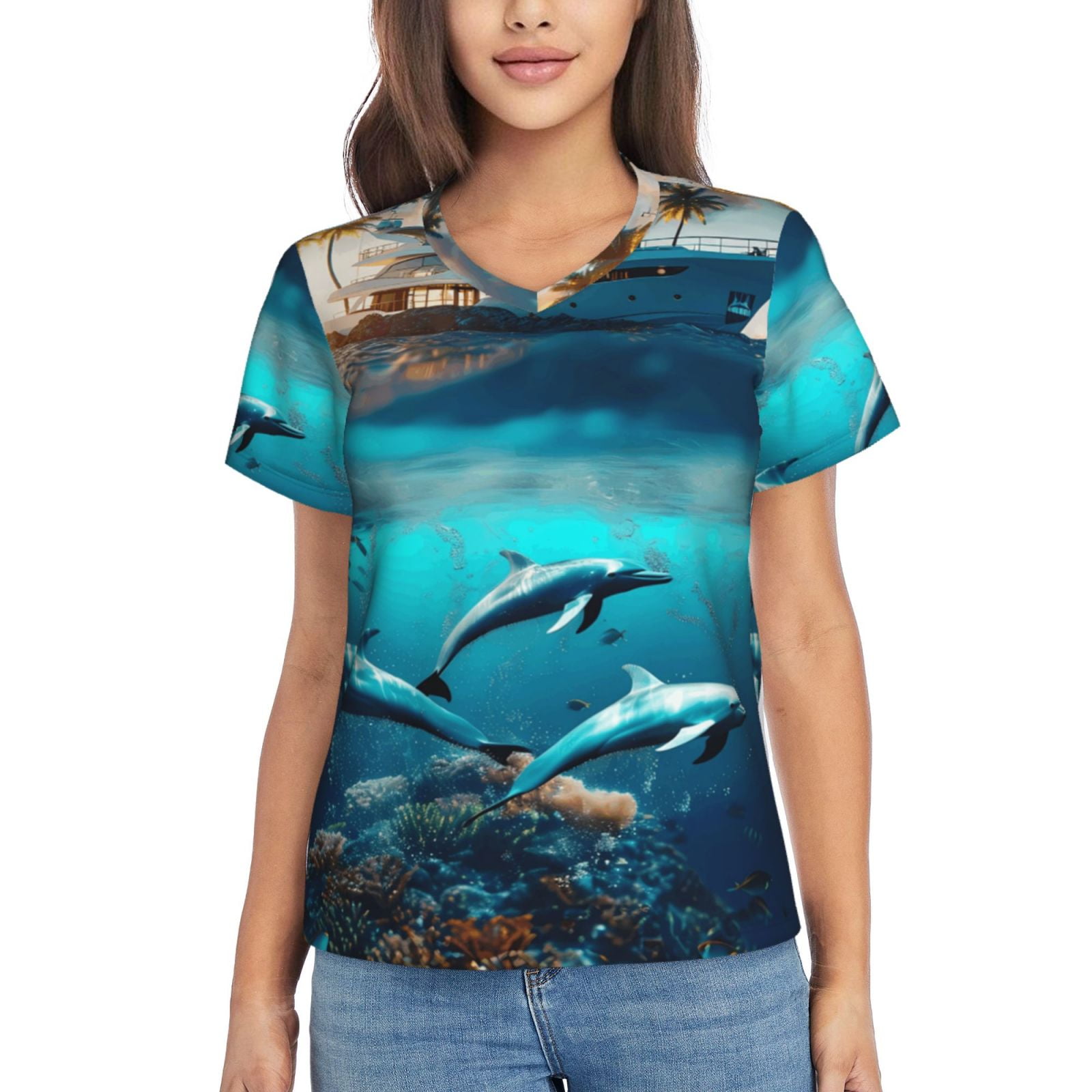 Fuzoiu Hawaiian Ship Dolphin Print Women's Classic V-Neck T-Shirt ...