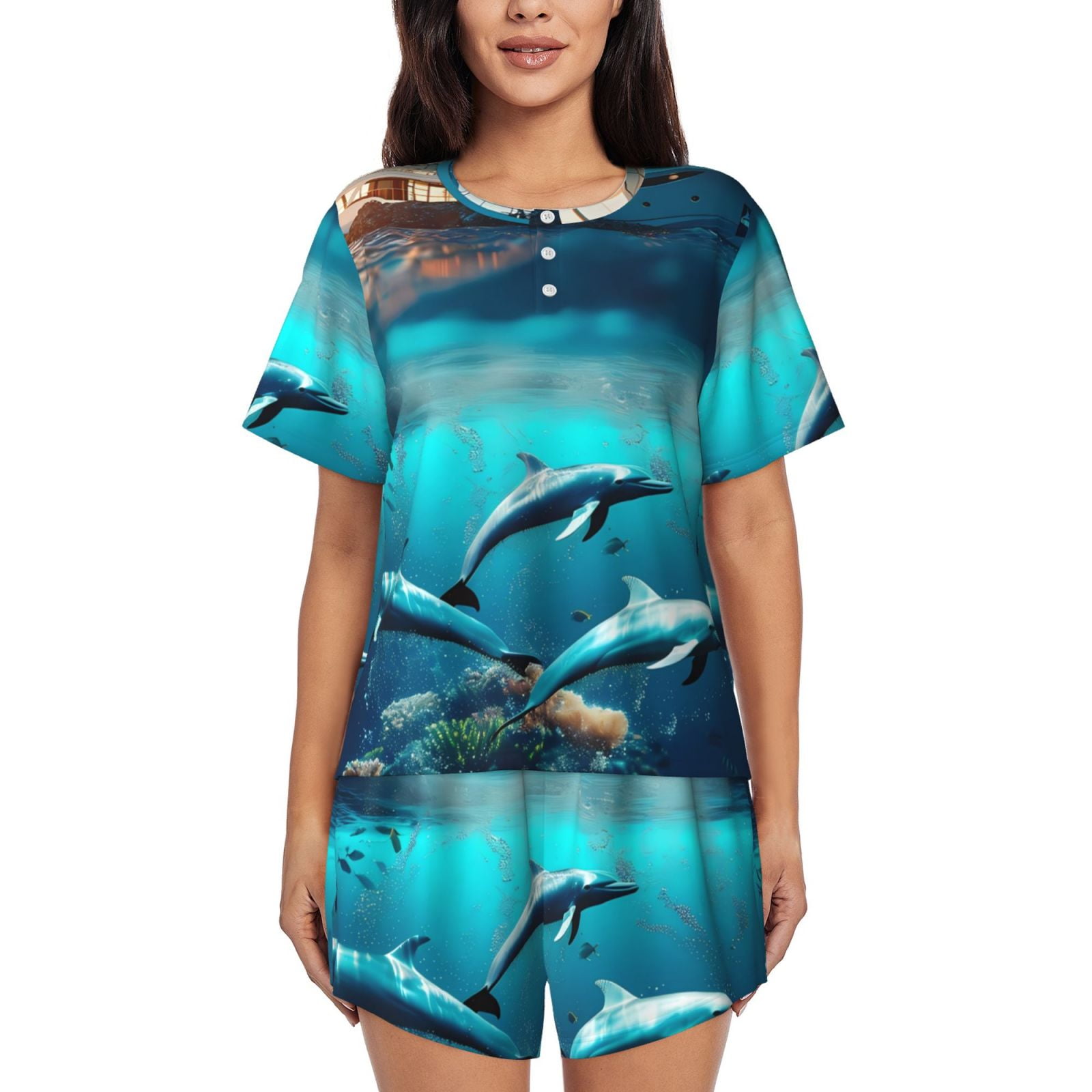 Fuzoiu Hawaiian Ship Dolphin Print Women's Short-Sleeved Pajama Set ...