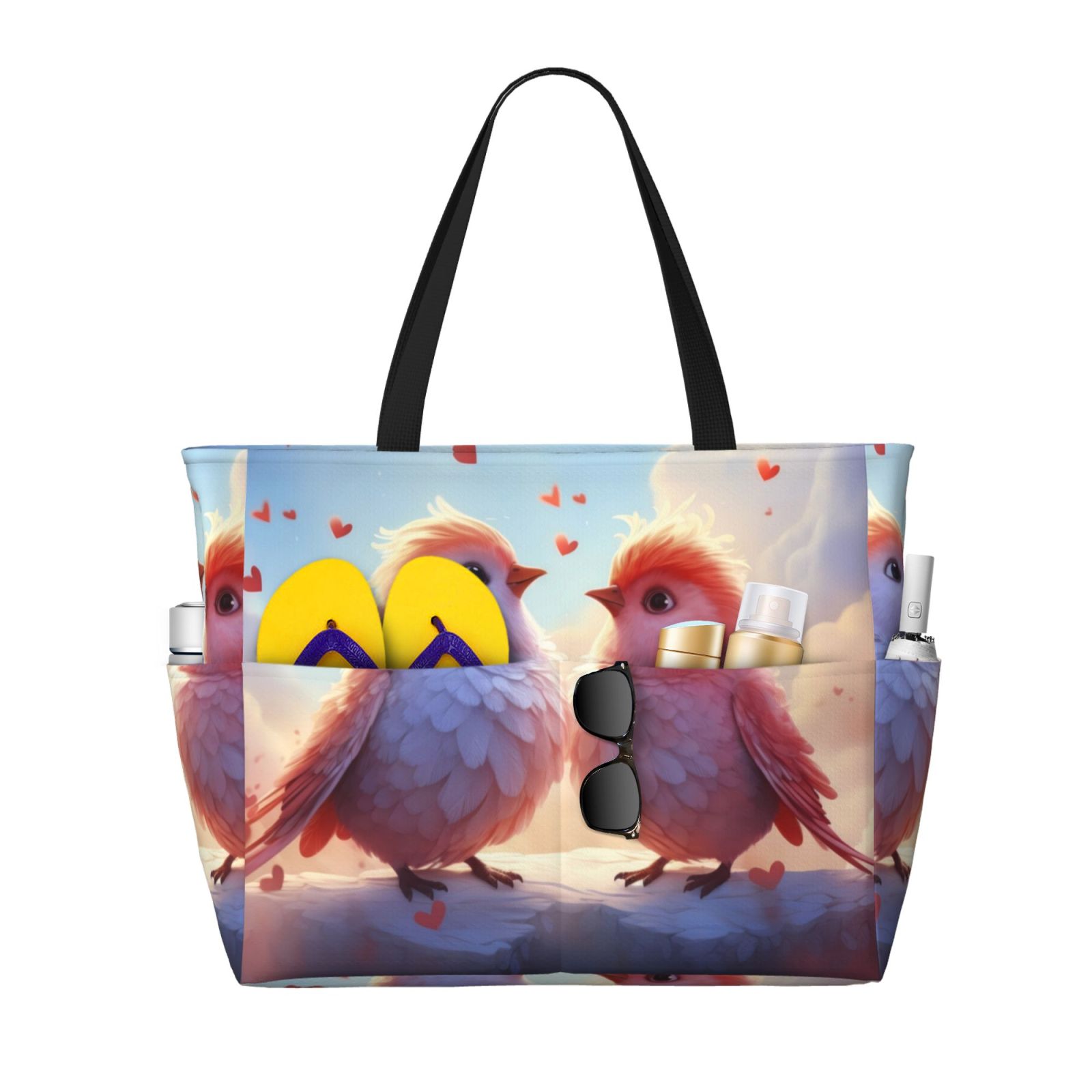 Fuzoiu Heart Sky Bird Couple Print Waterproof Beach Tote Bag for Women ...