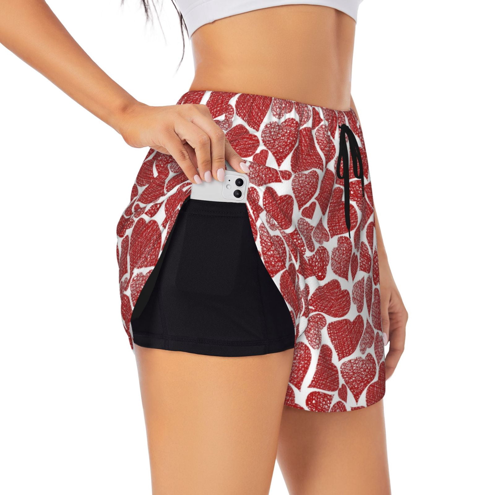 Fuzoiu Hearts Print Women's Athletic Shorts, Double-Layer Running ...