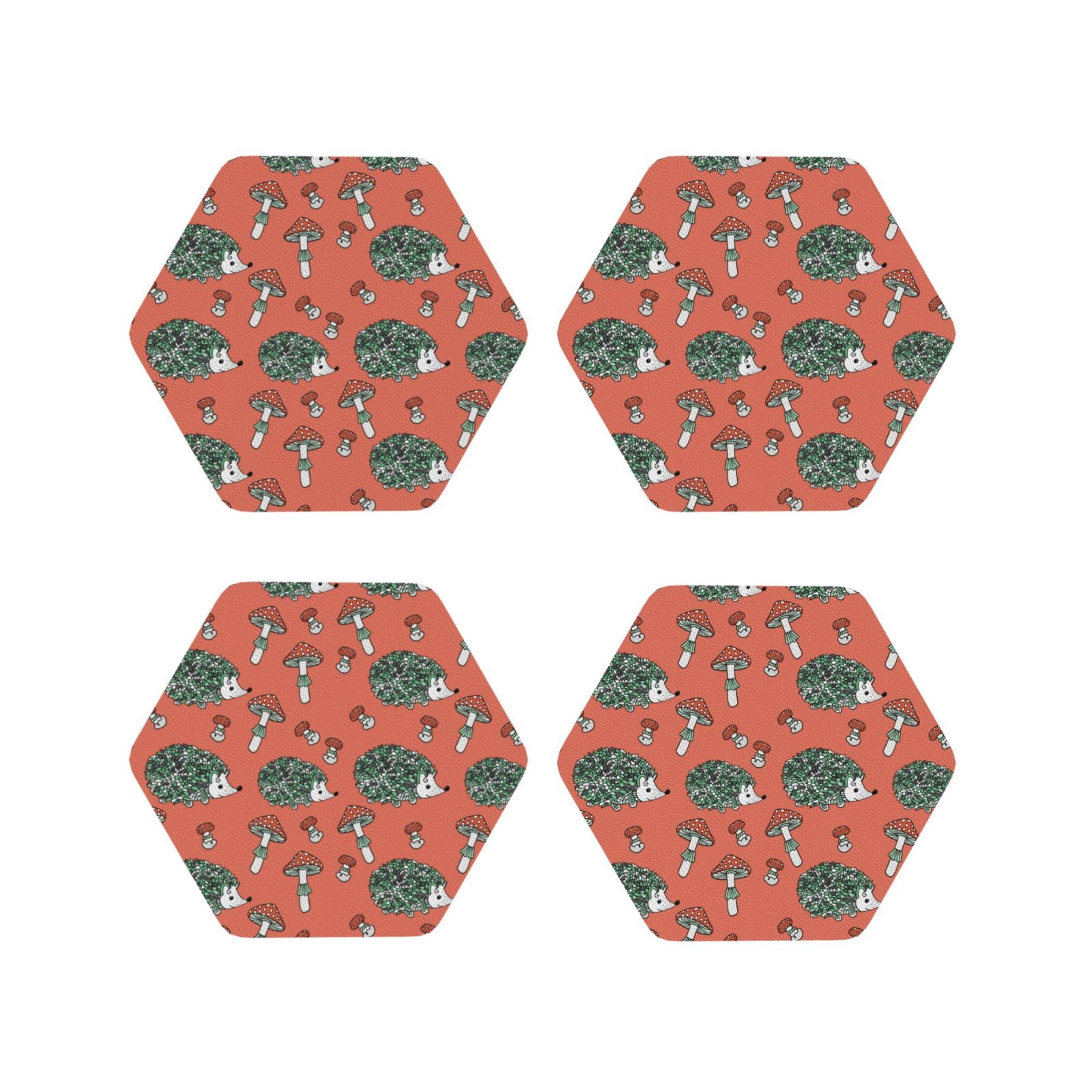 Fuzoiu Hedgehog Mushroom Print Leather Coasters Set,Drink Coasters Set ...