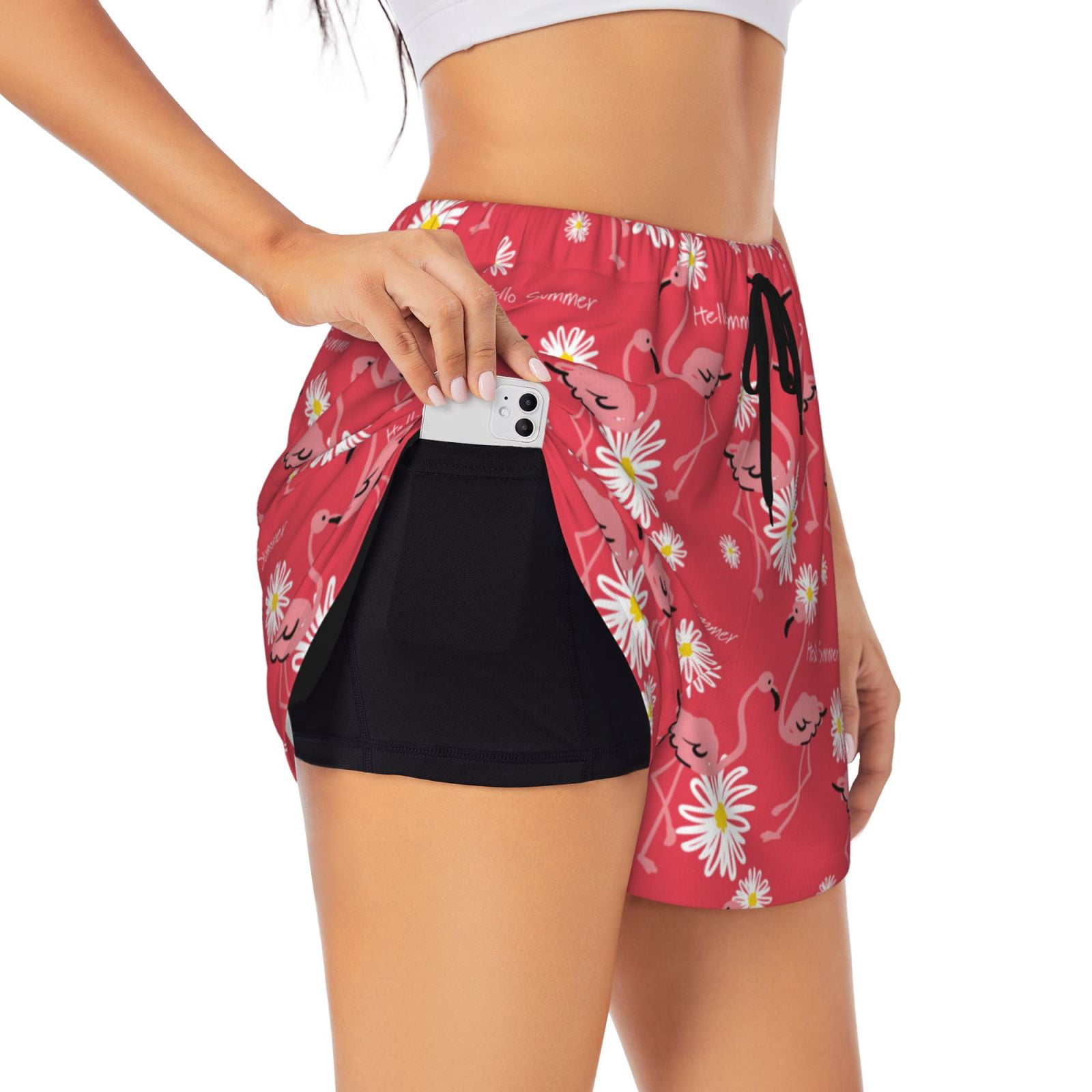 Fuzoiu Hello Summer Flamingo Print Women's Athletic Shorts, Double ...