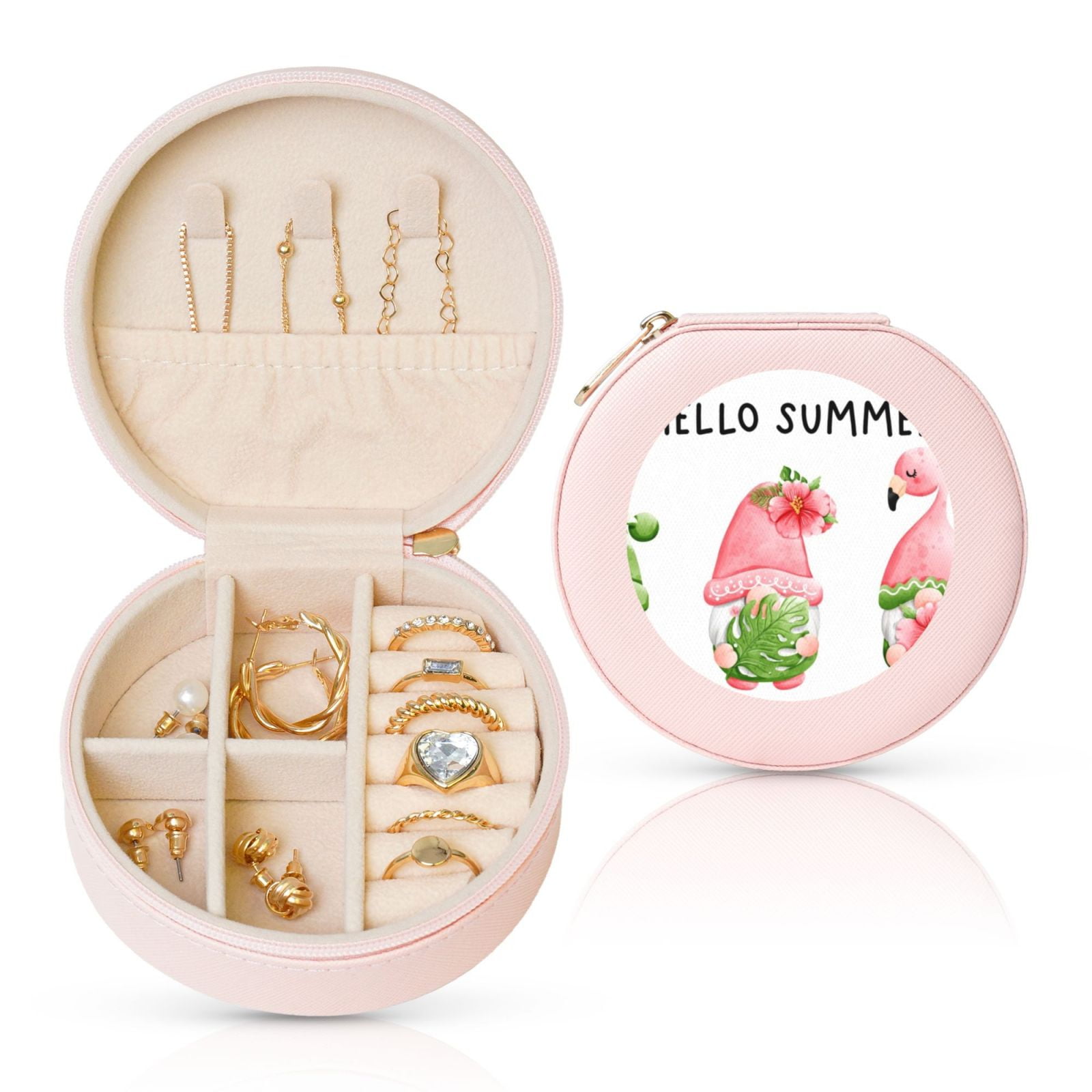 Fuzoiu Hello Summer Gnome Print Portable Jewelry Box,Round Mini Leather ...
