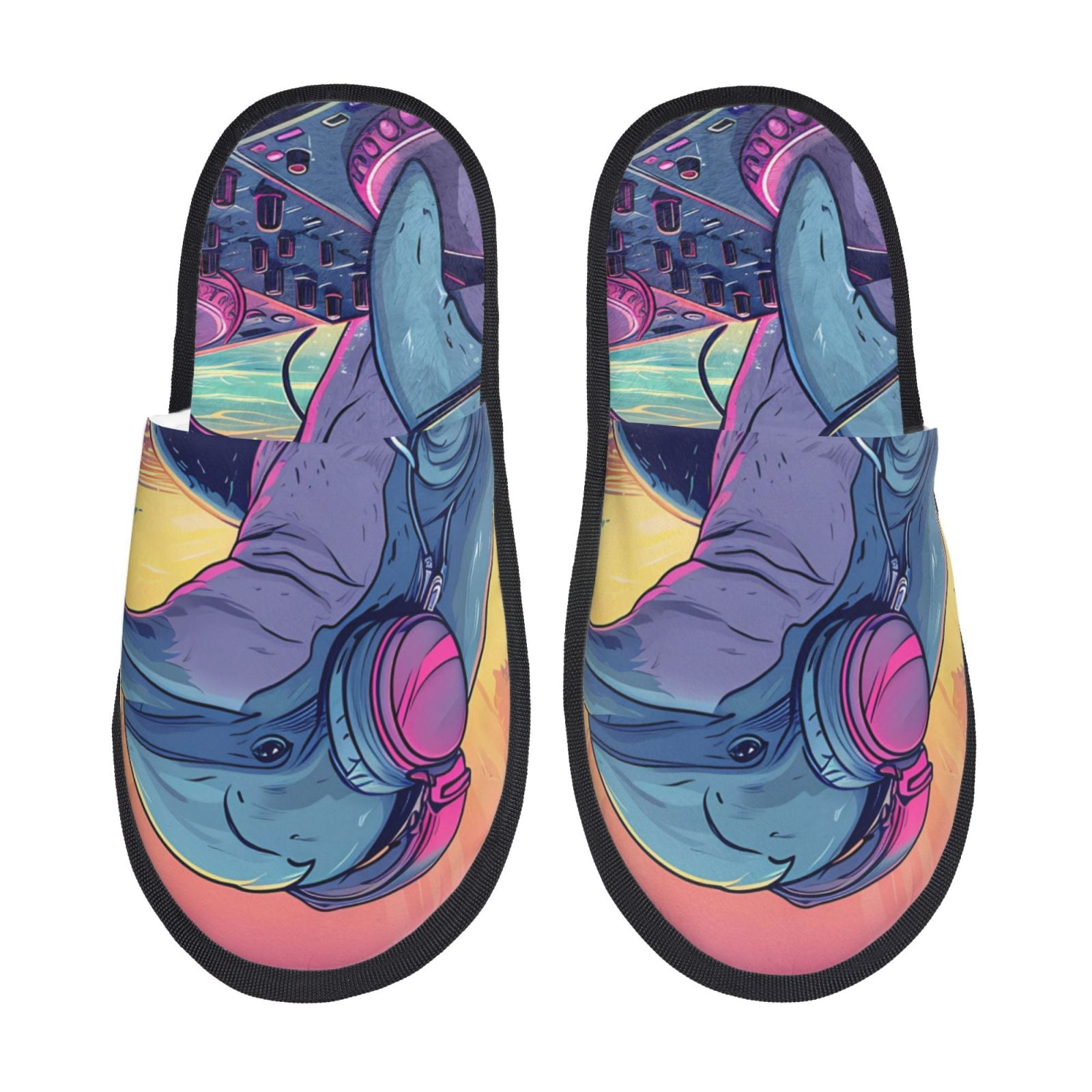 Fuzoiu Hip-Hop DJ Dolphin Print Unisex Furry Slippers,Plush Indoor ...