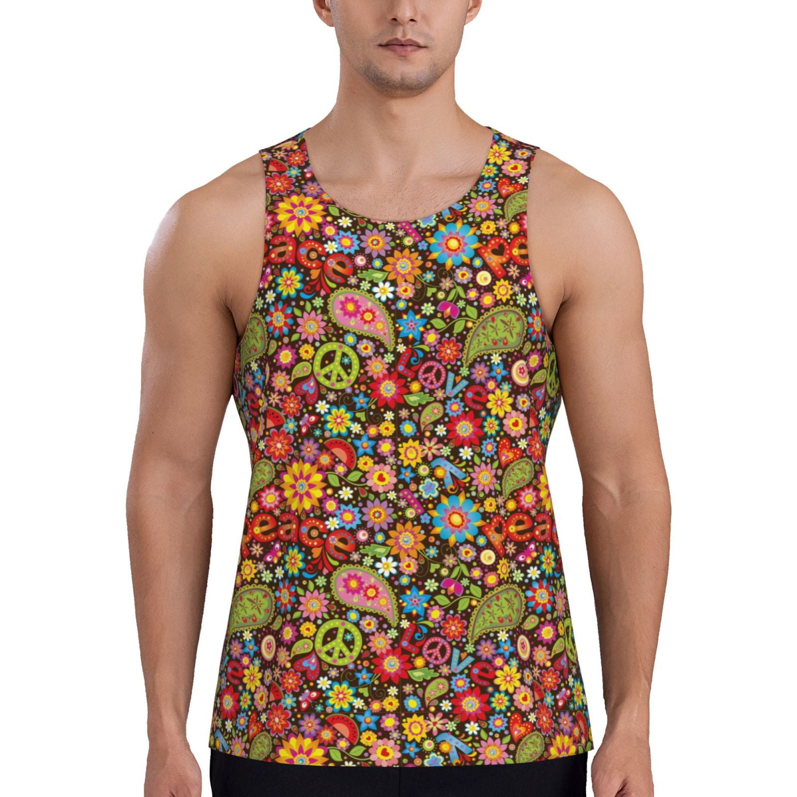 Fuzoiu Hippie Peace Love Print Men's Workout Tank Tops,Sleeveless Gym ...
