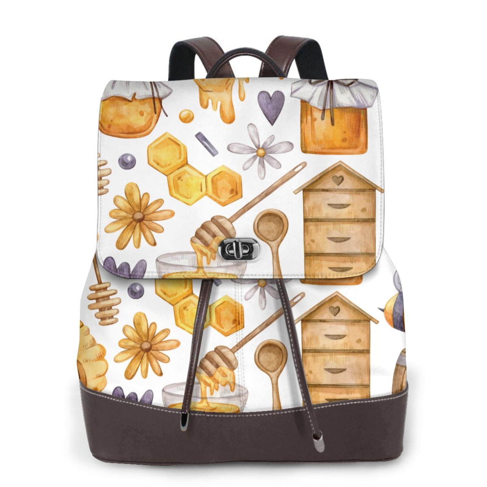 Fuzoiu Honey Bee Set Print Women's Leather Backpack,Backpack in Leather ...