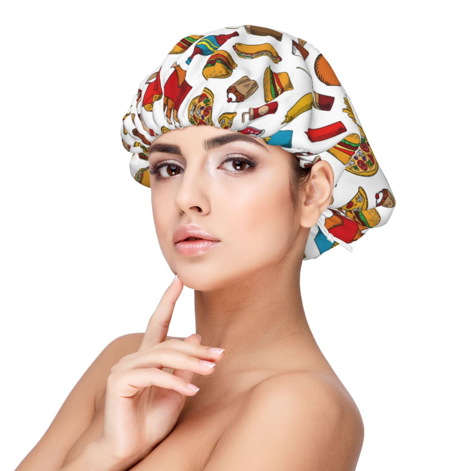Fuzoiu Hot Dog Pizza Print Adult’s Satin Sleeping Cap,Satin Bonnet,Silk ...