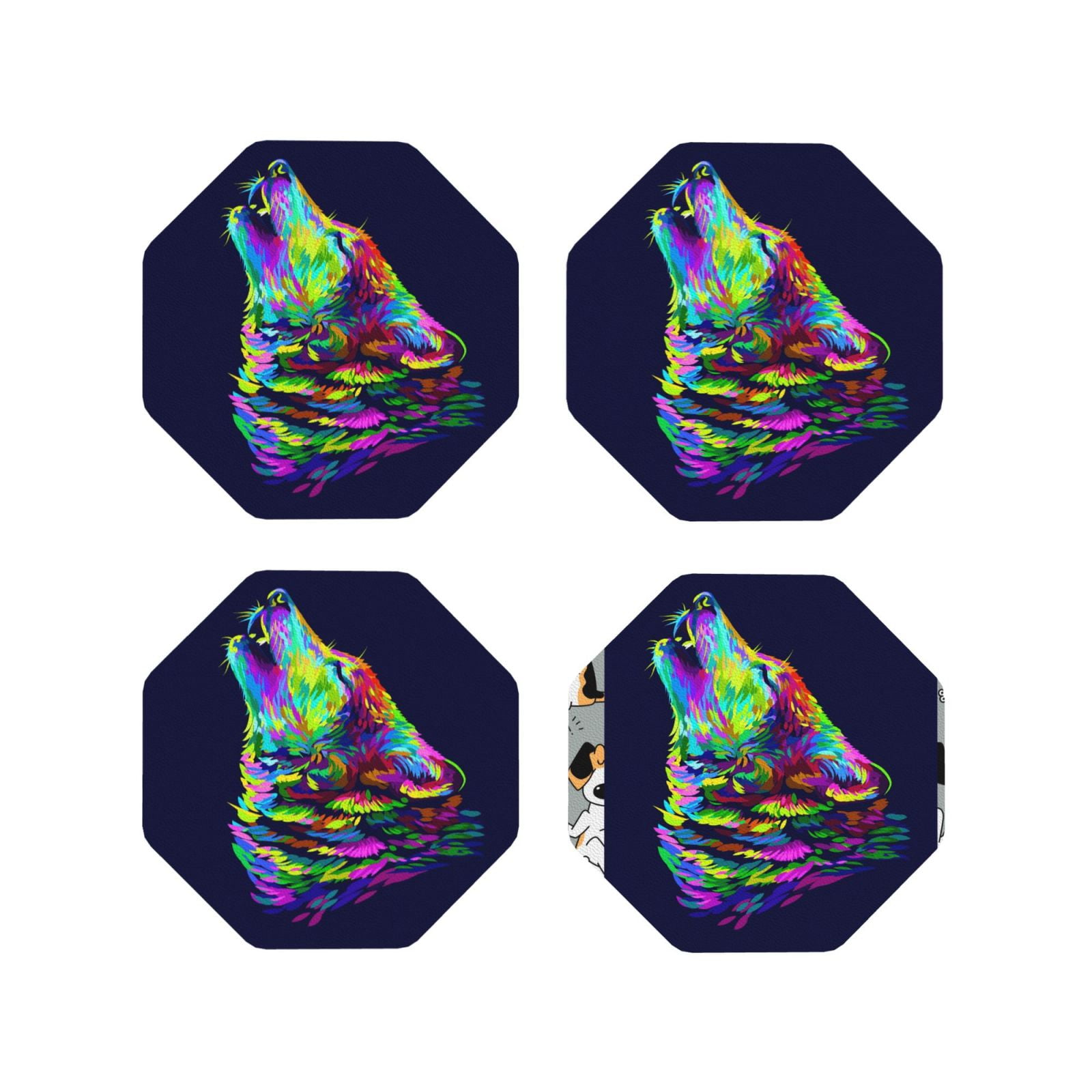 Fuzoiu Howling Wolf Print Leather Coasters Set,Drink Coasters Set of 4 ...