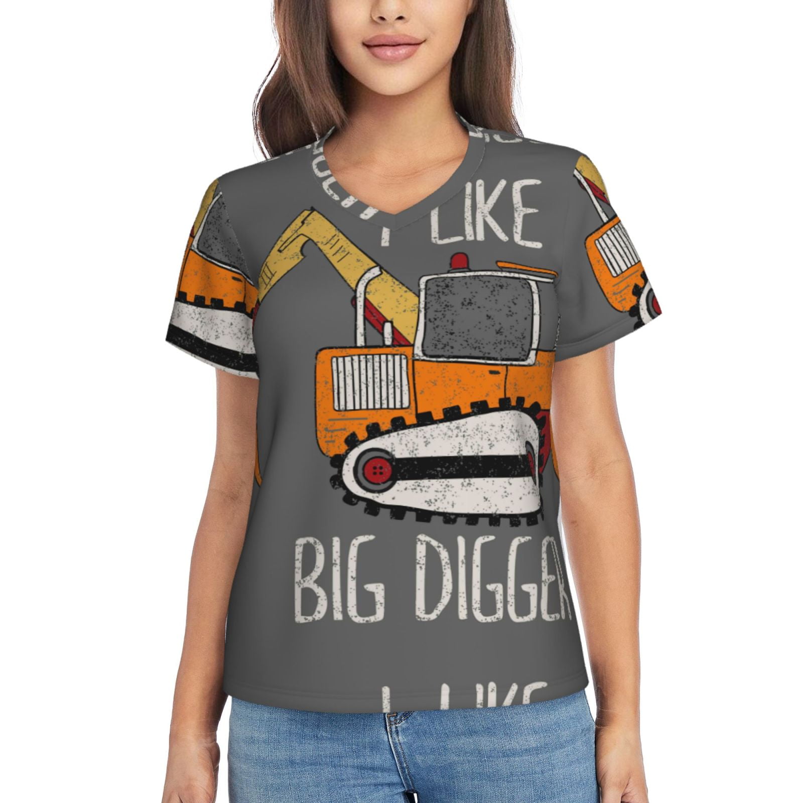 Fuzoiu I Like Big Digger Print Women's Classic V-Neck T-Shirt, Short ...